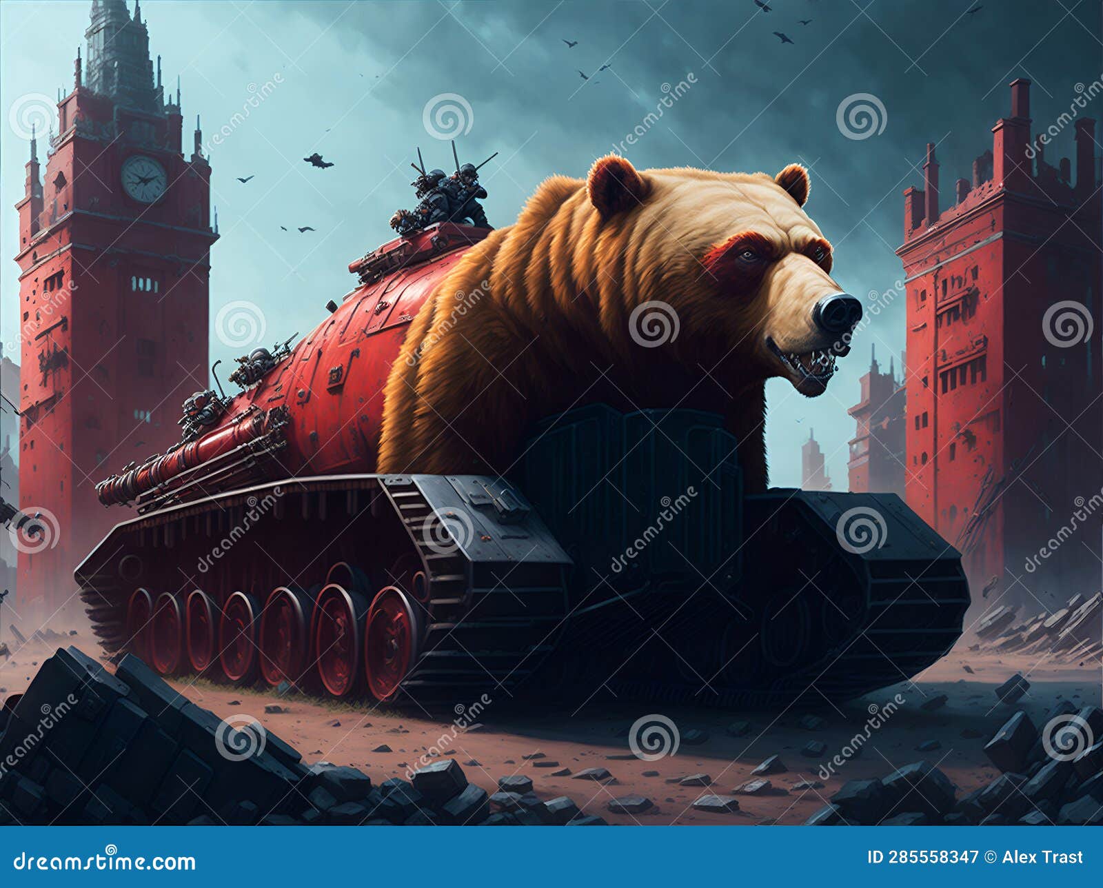 A Bear on a Tank Destroys the City. Stock Illustration - Illustration ...