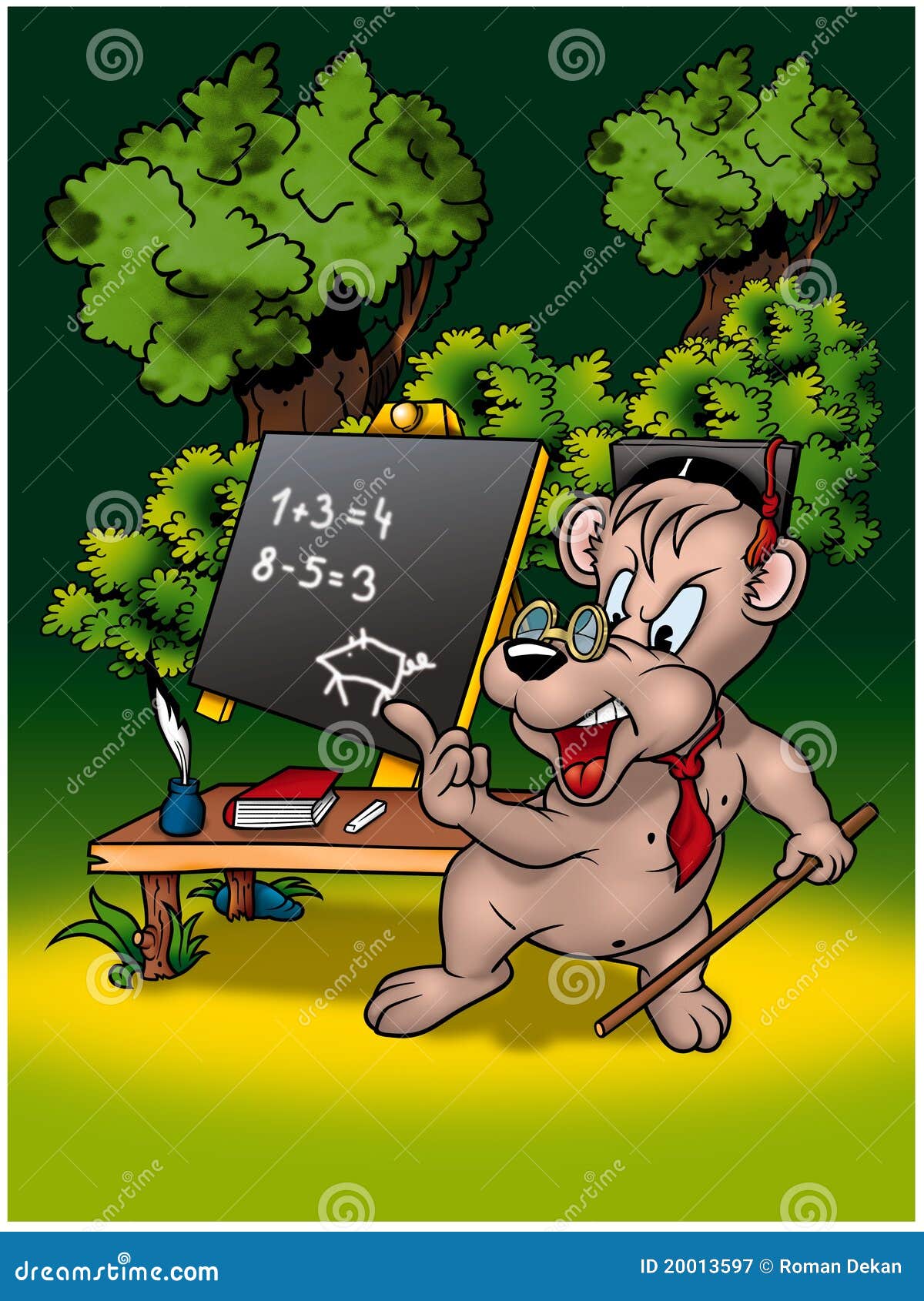 Bear Teacher And Kawaii Schoolboy In Uniform Near Blackboard In ...