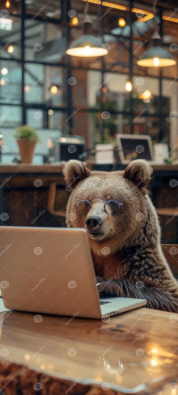 A Bear in Tech Support Solving Complex Issues on a Laptop in a Fast Paced it Office Stock ...
