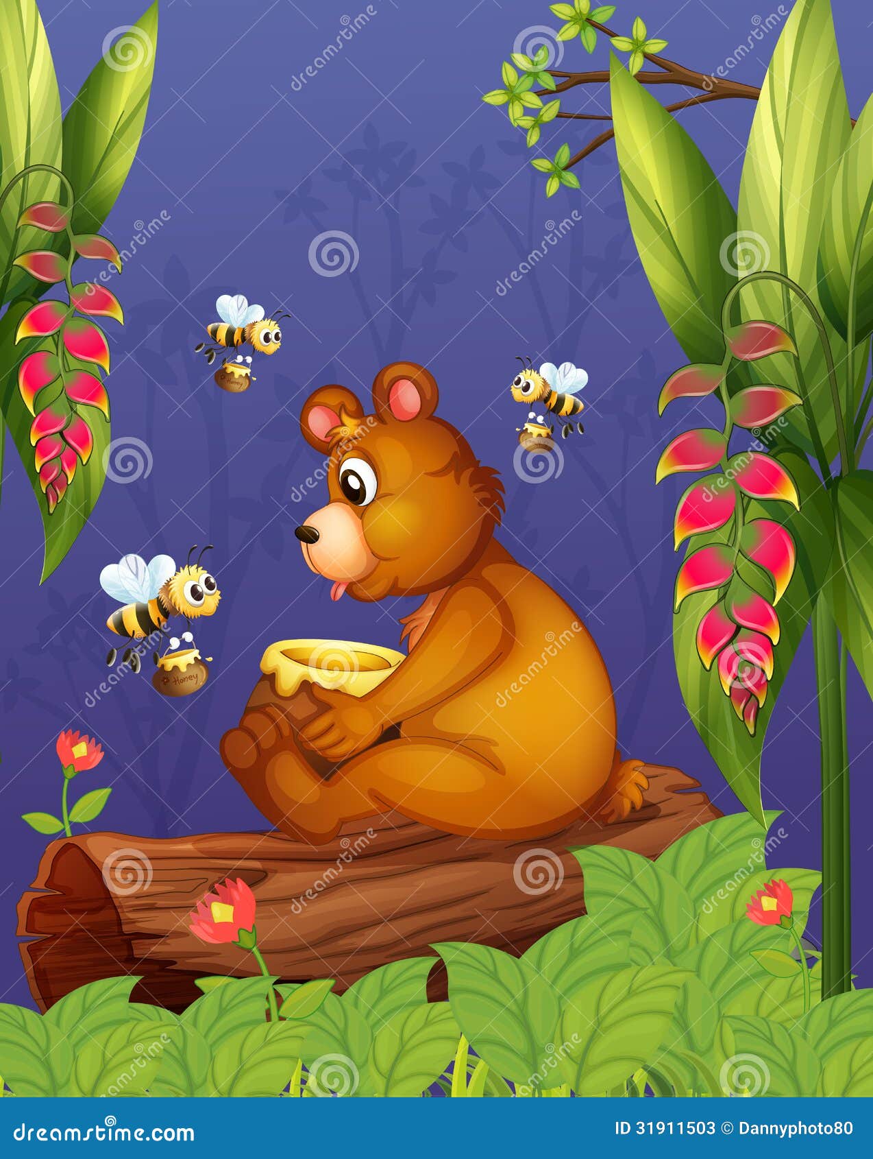 A Bear with Three Bees in the Forest Stock Vector - Illustration of ...