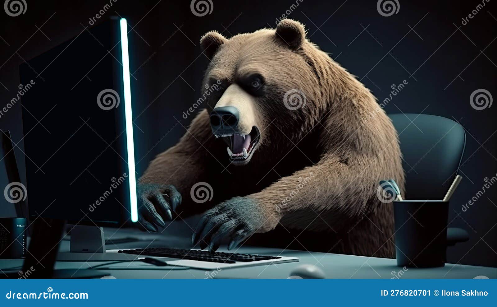 Bear Trader Works at the Computer Stock Illustration - Illustration of ...
