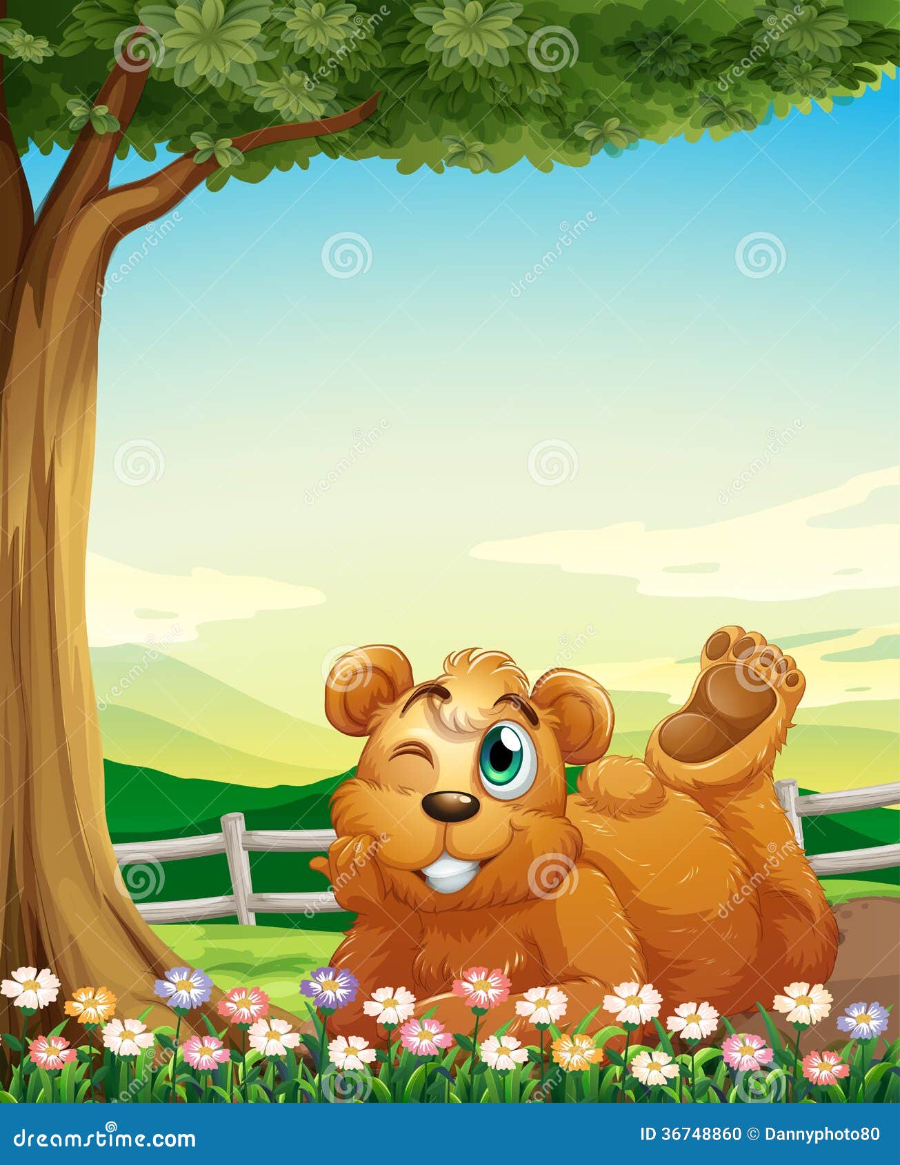 A Bear Under the Tree Near the Flowers Stock Illustration ...