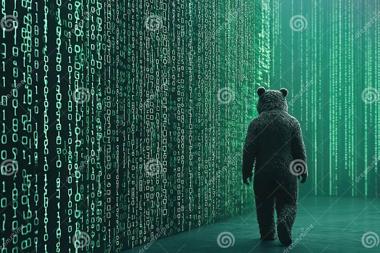 Bear Walking through Digital Matrix of Green Binary Code Stock Photo ...
