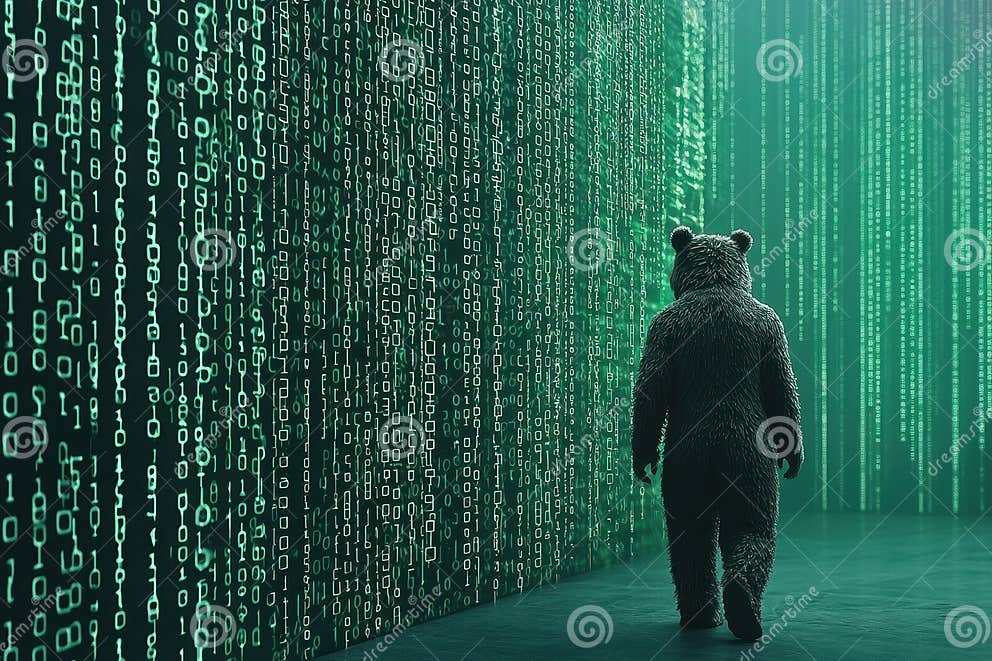 Bear Walking through Digital Matrix of Green Binary Code Stock Photo ...