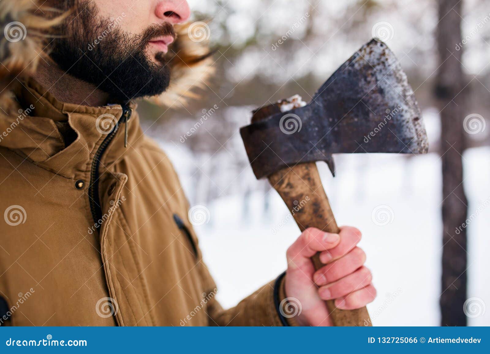 Beard and Axe. Lumberjack Standing with Weathered Rusty Axe in His Hand ...