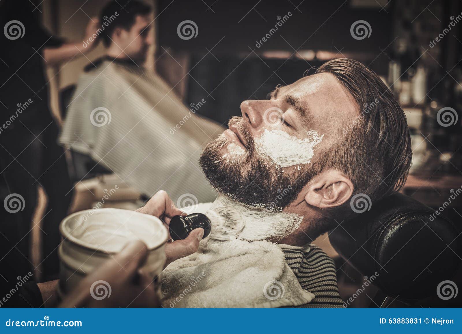 Beard Shaving in Barber Shop Stock Image - Image of cream, moustache ...