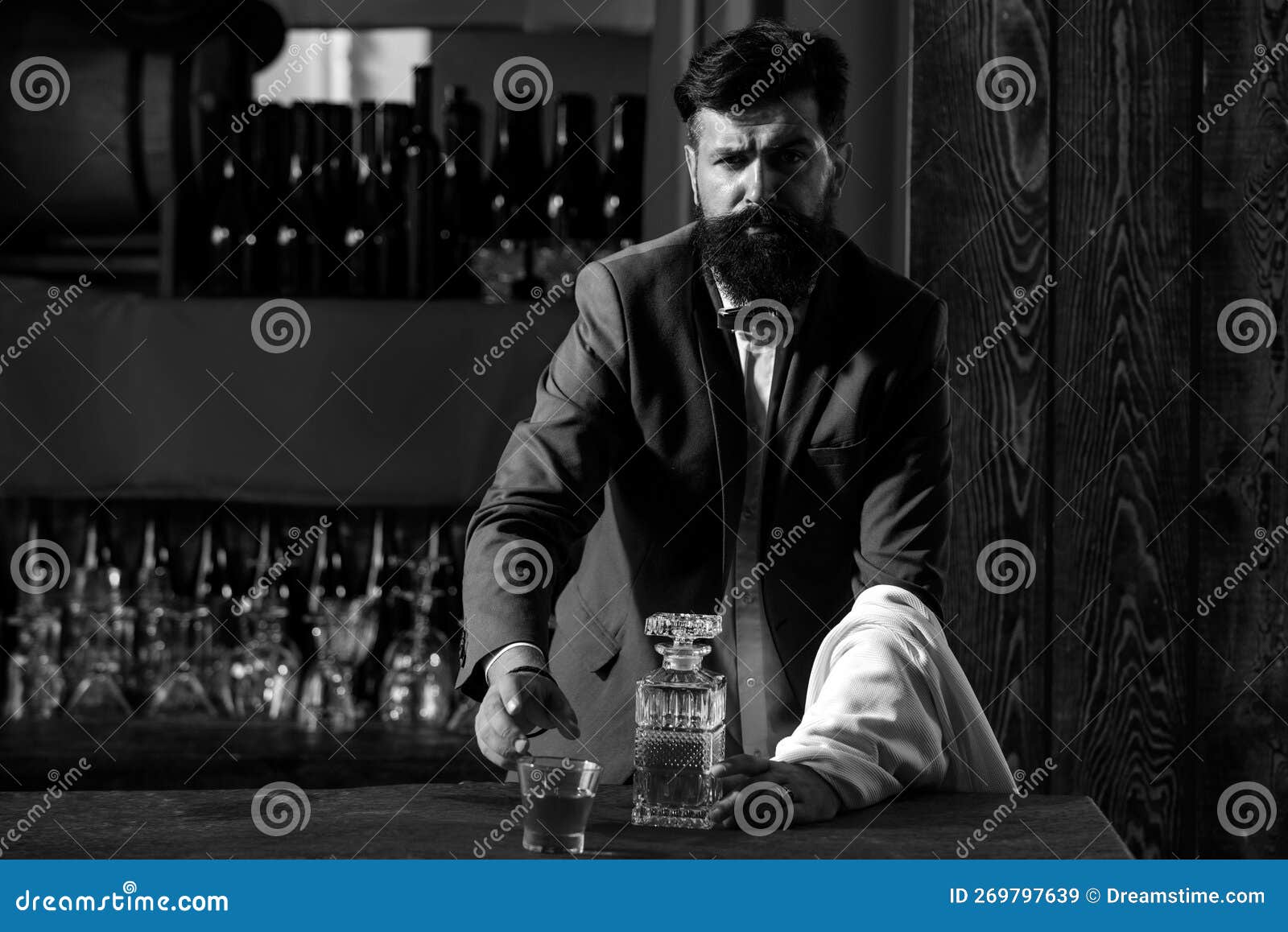 Bearded Barman Waiter Standing on Bar Background. Stock Image - Image ...