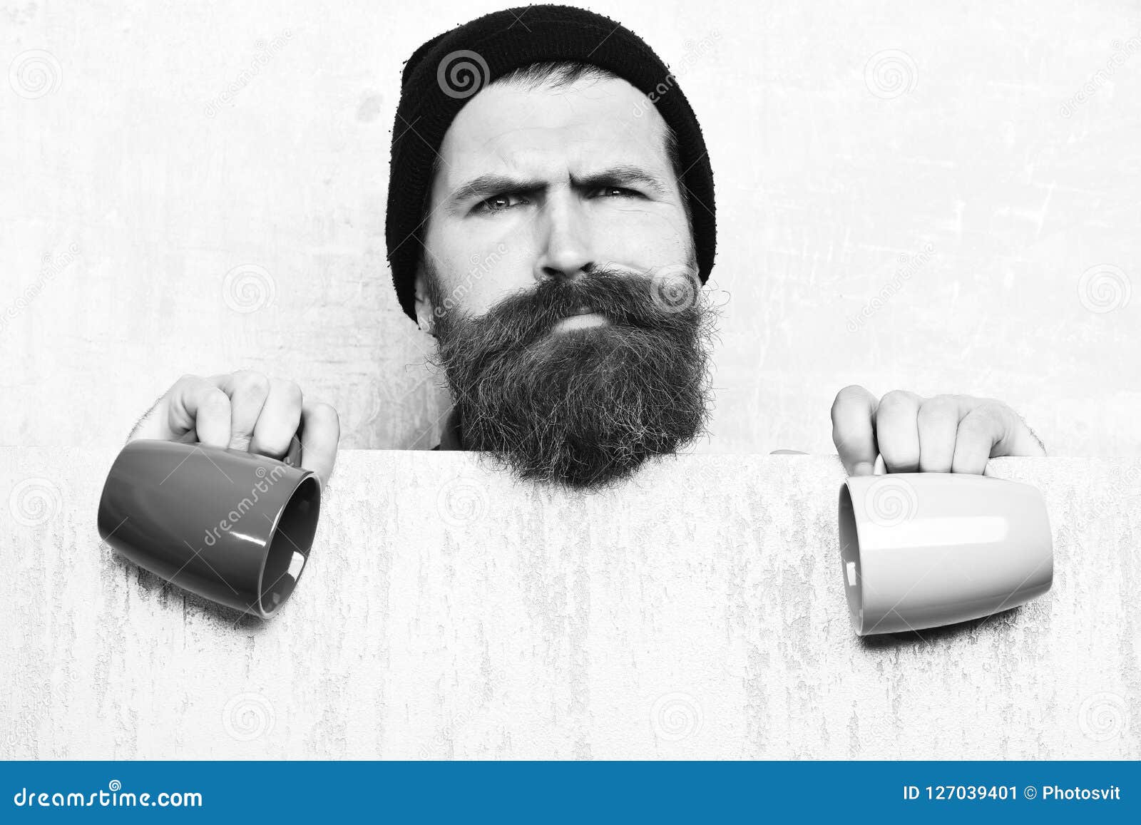 Bearded Brutal Caucasian Hipster with Paper Sheet and Cups Stock Image ... Bearded Brutal Caucasian Hipster with Paper Sheet and Cups Stock Image ...