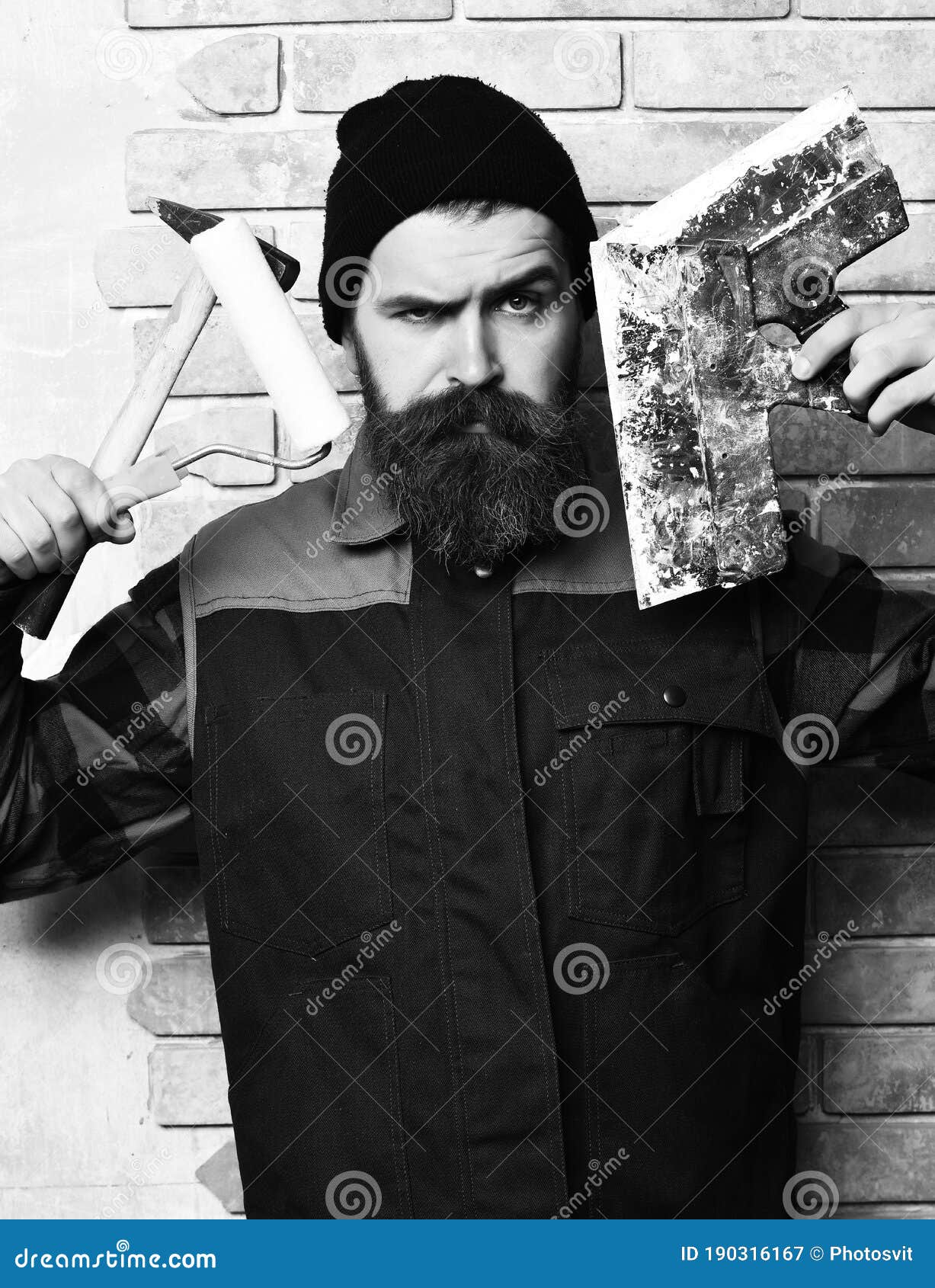 Bearded Builder Man Holding Various Building Tools with Serious Face ...