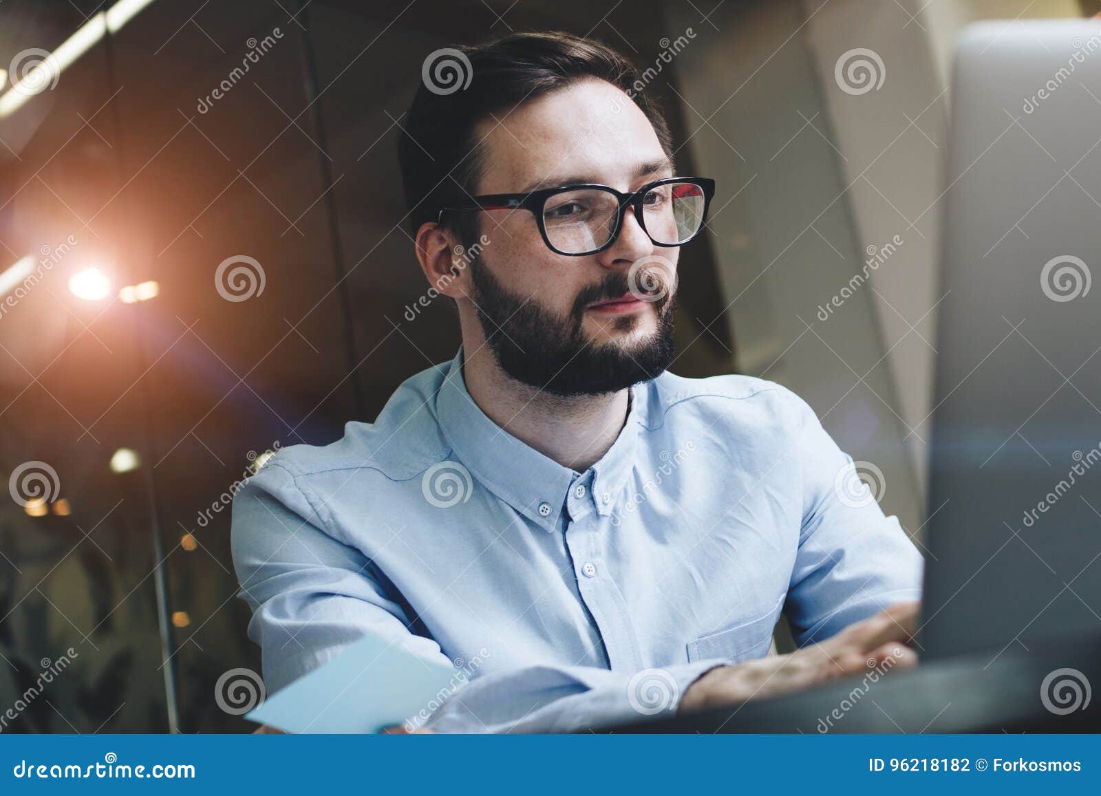 Bearded Business Man With Glasses And Shirt Working In Modern Lo Stock
