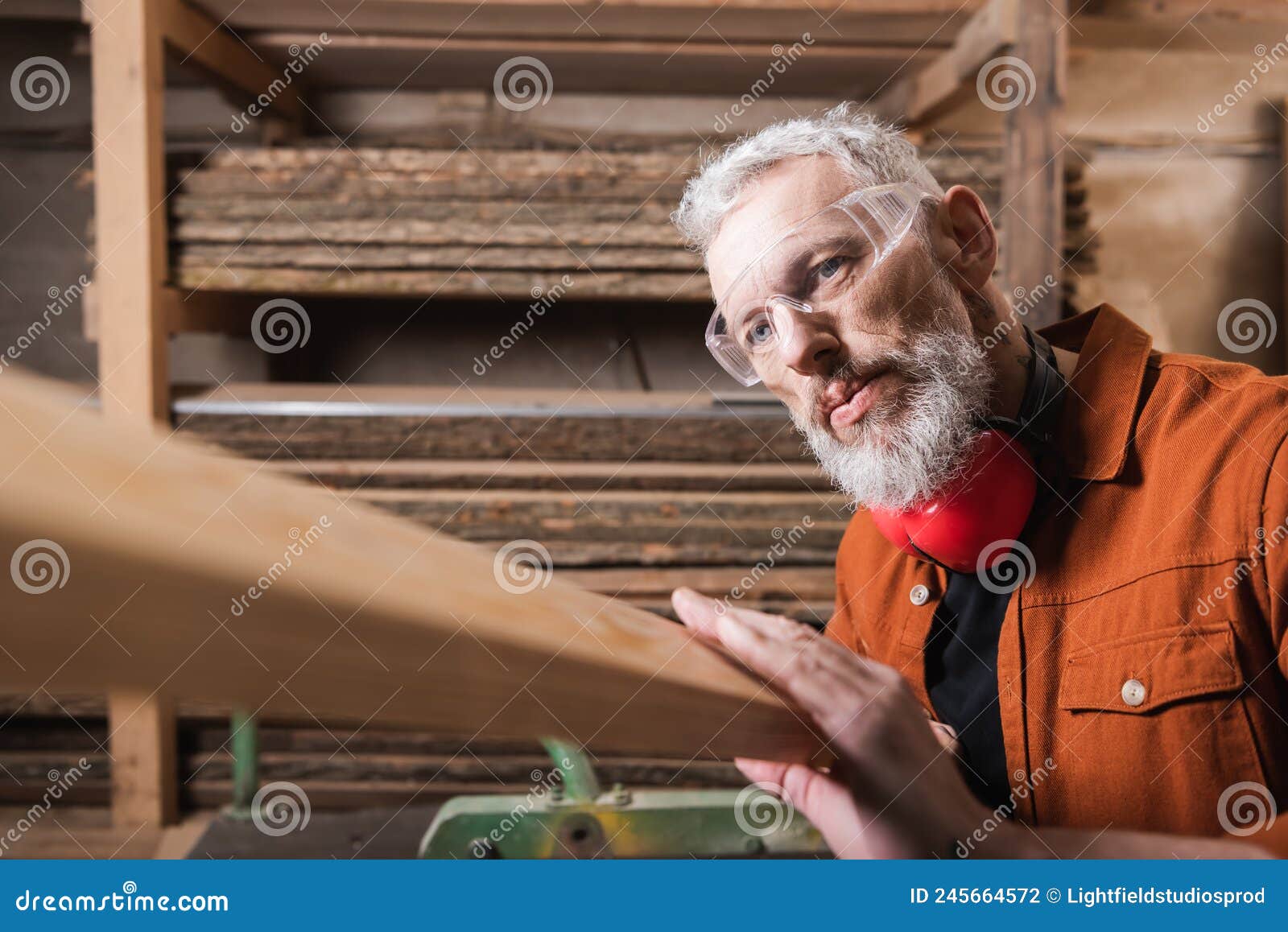 Bearded Carpenter in Goggles Checking Wooden Stock Photo - Image of ...