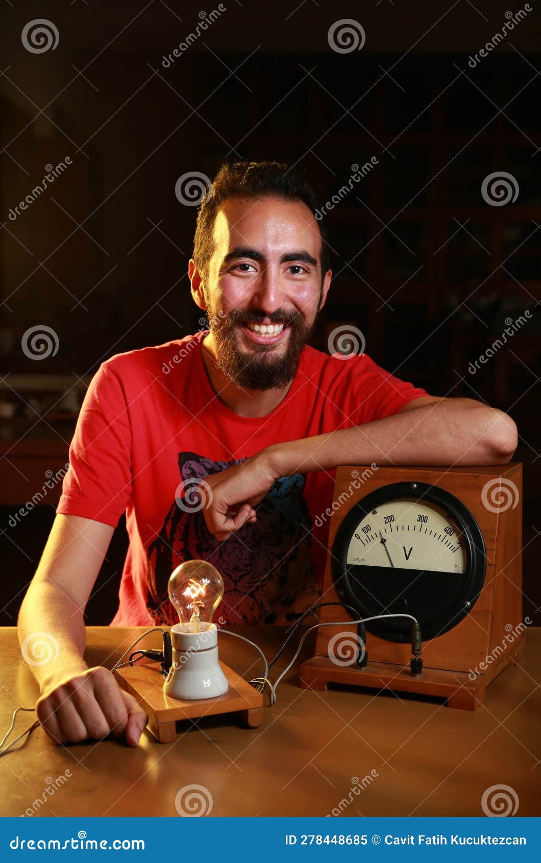 Bearded Caucasian Electric Man Posing with a Vintage Voltmeter and a ...