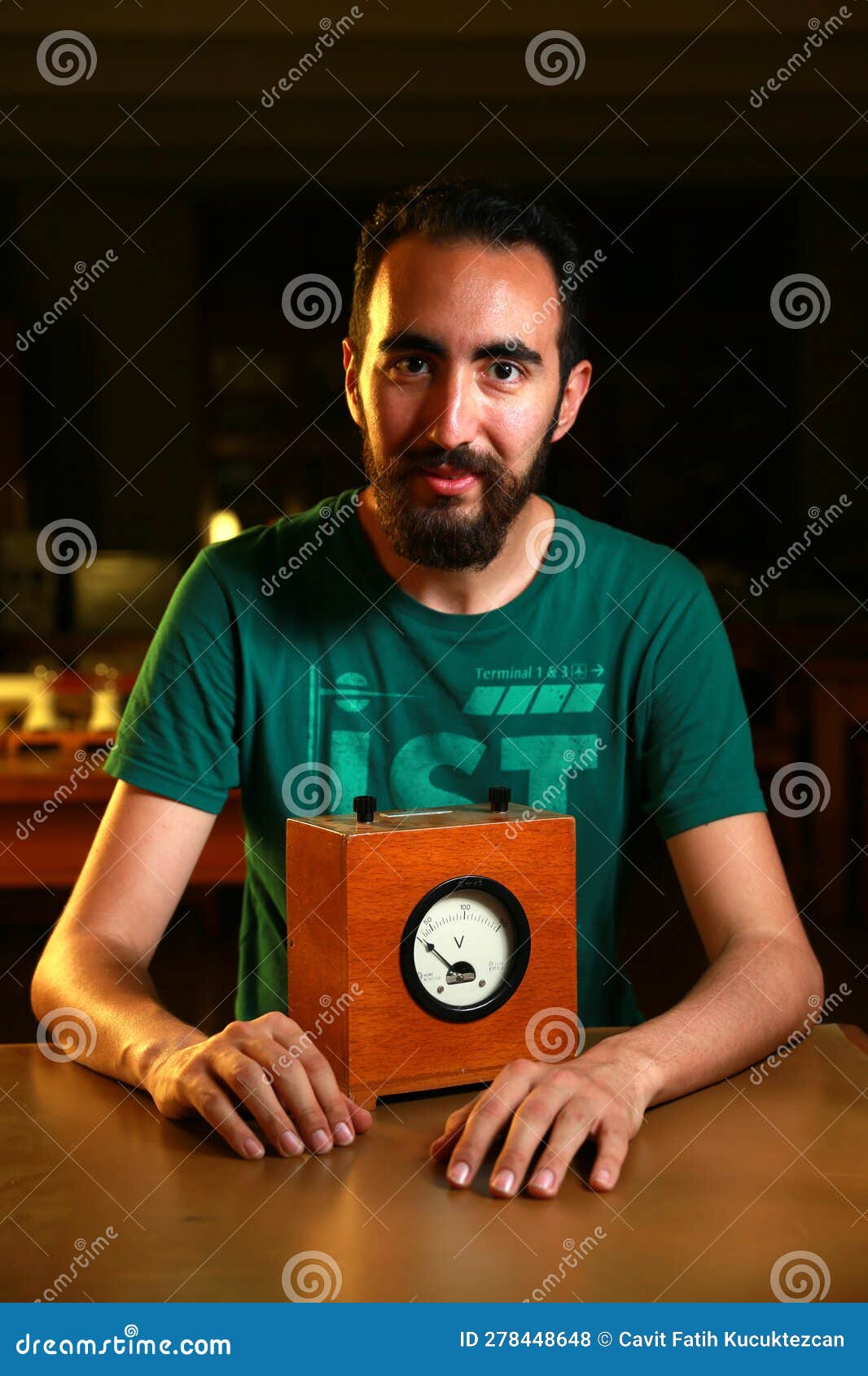 Bearded Caucasian Electric Man Posing with a Vintage Voltmeter Stock ...
