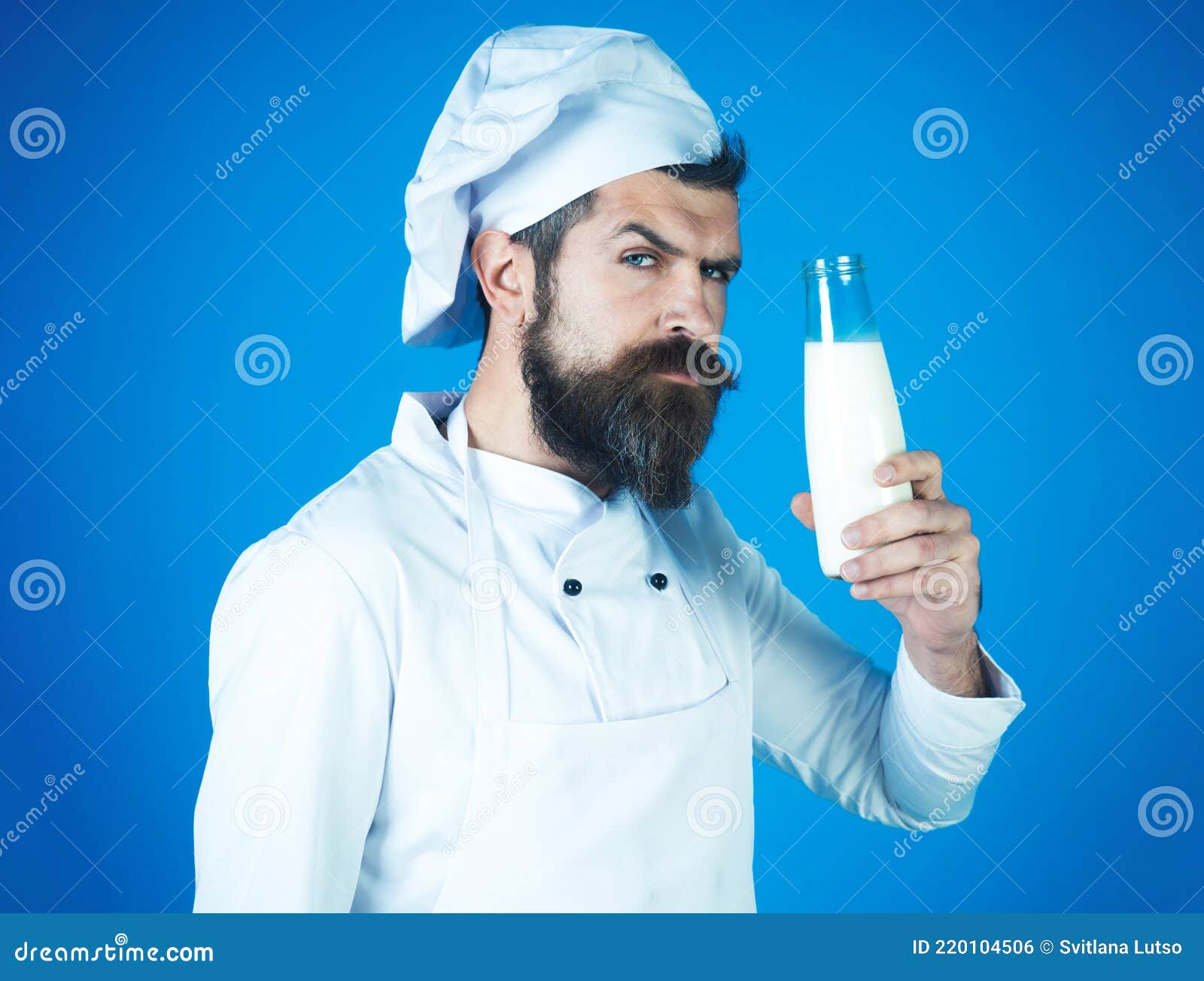 Bearded Chef Man in Uniform with Bottle of Milk. Drinks, Dairy Farmer ...
