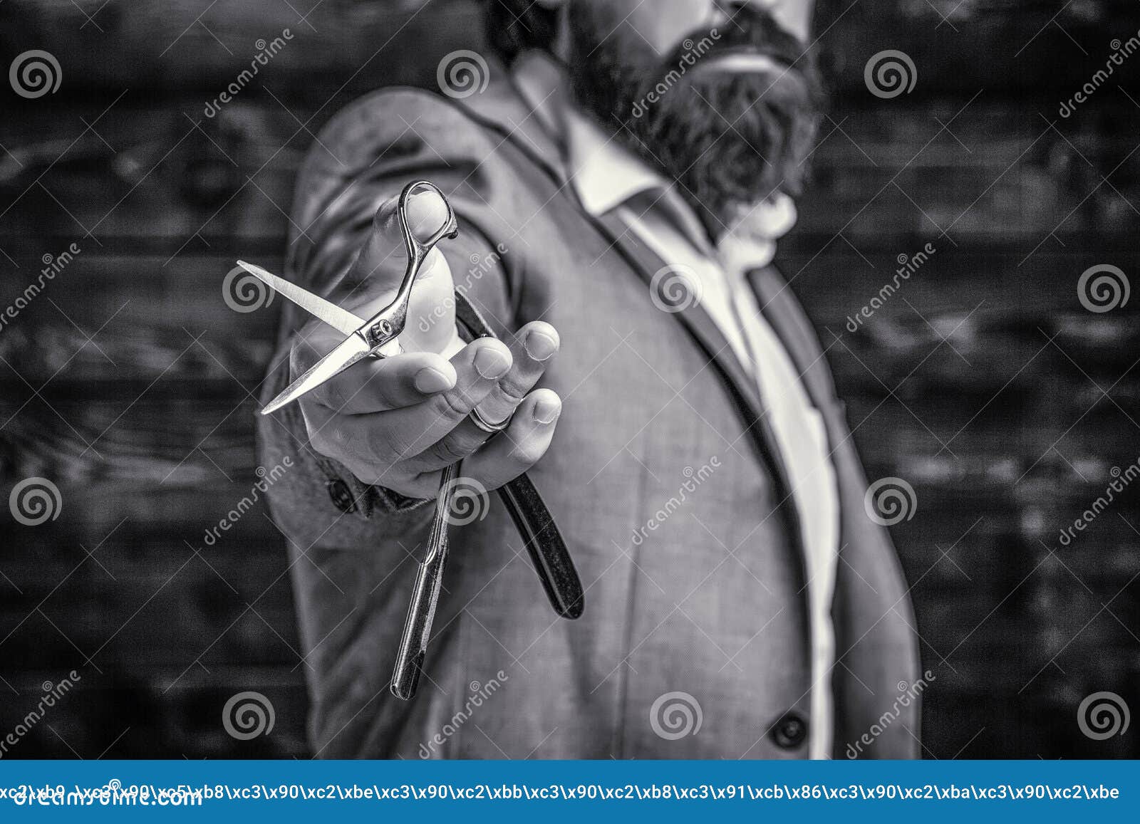 Bearded Client Visiting Barber Shop. Barber Scissors And Straight Razor ... Bearded Client Visiting Barber Shop. Barber Scissors And Straight Razor ...
