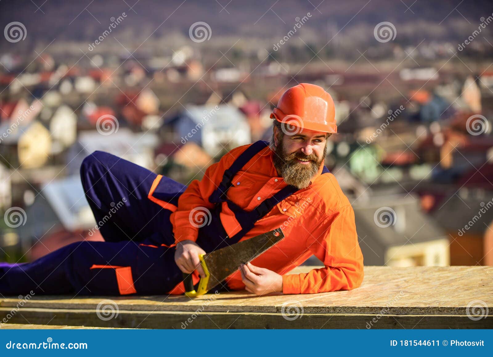 Bearded Construction Worker. Construction Carpentry. Man Builder Wear ...