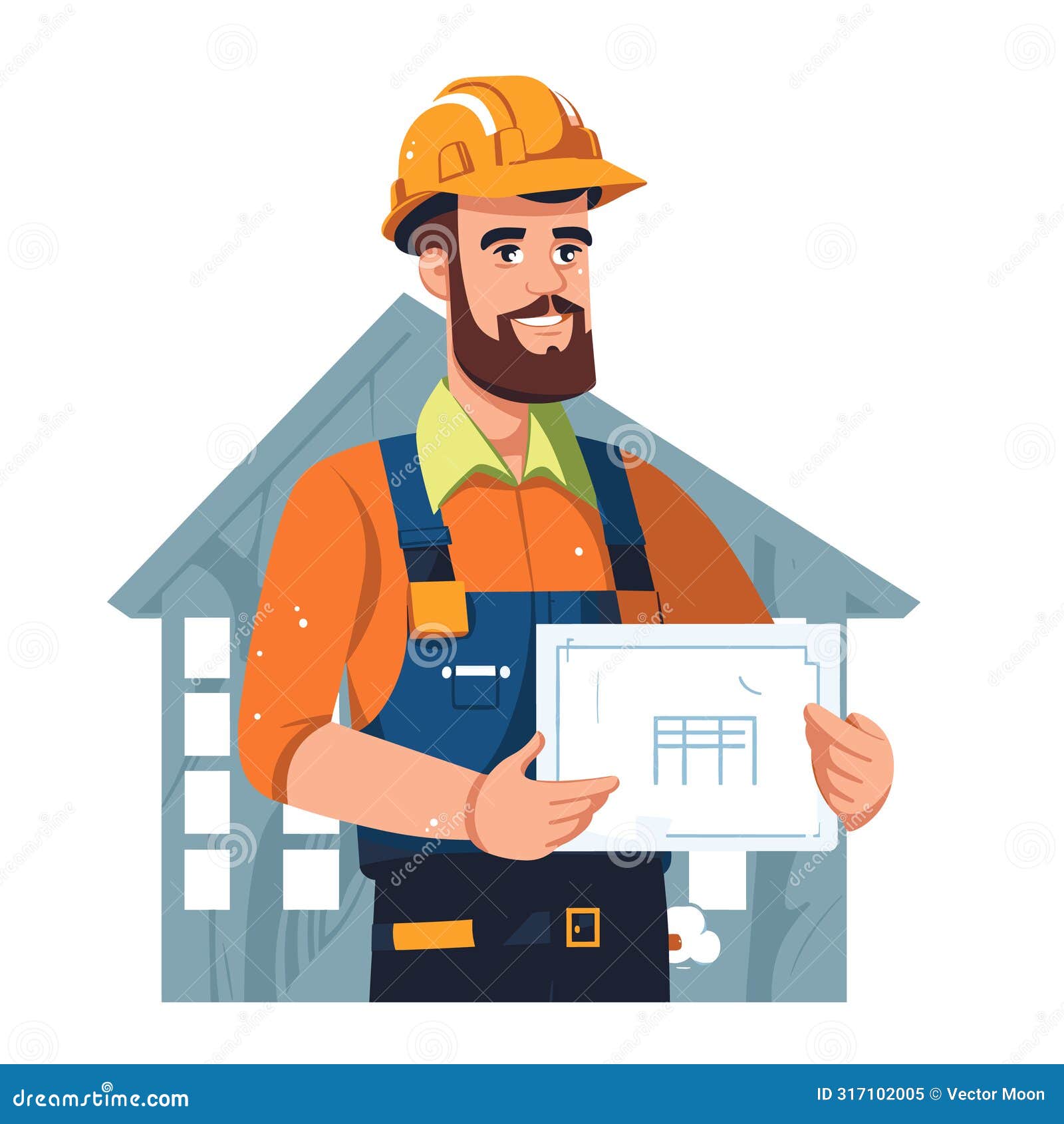 Bearded Construction Worker Presenting Blueprint, Smiling Builder ...