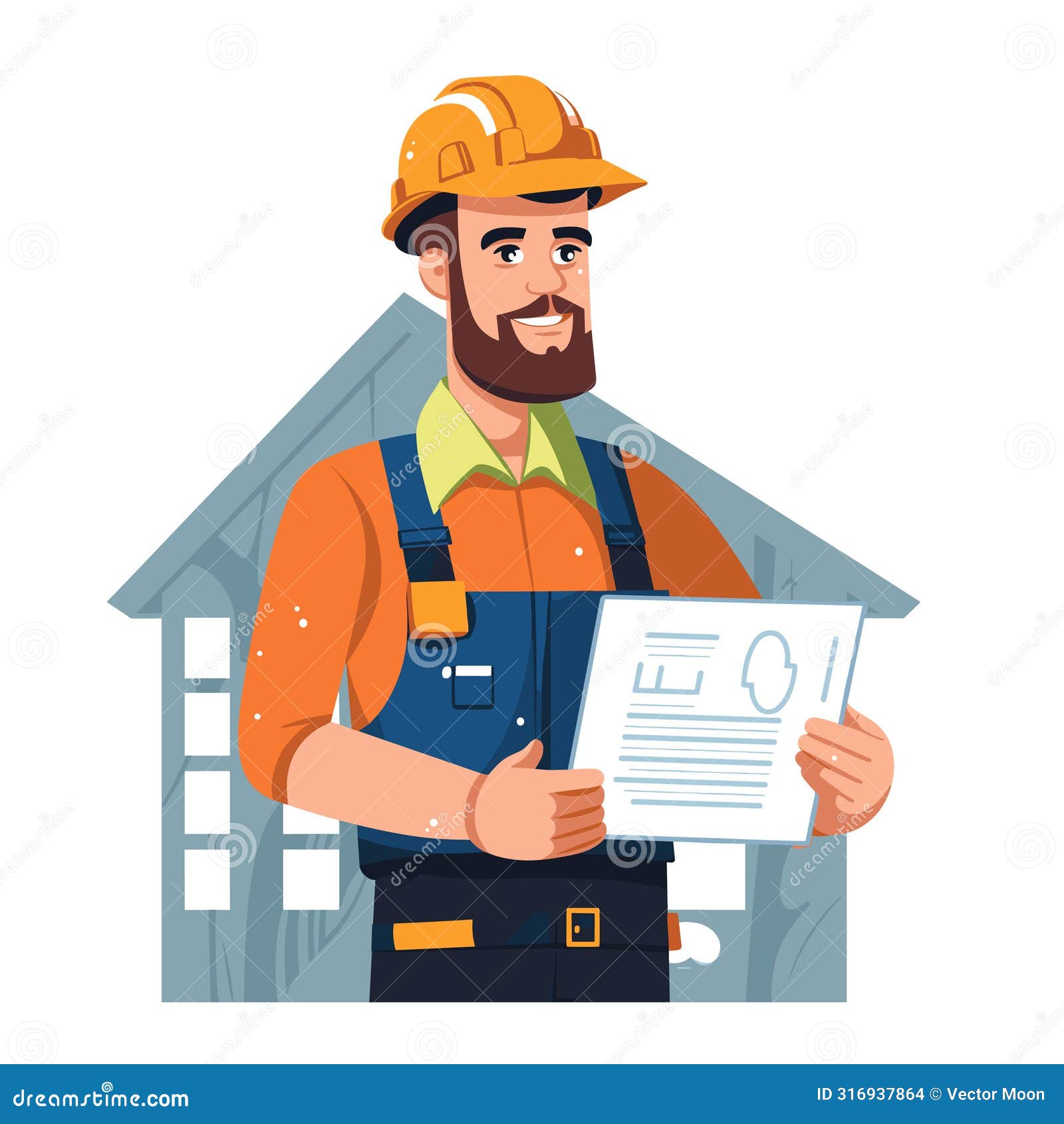 Bearded Construction Worker Presents Plan, Smiling Contractor Displays ...