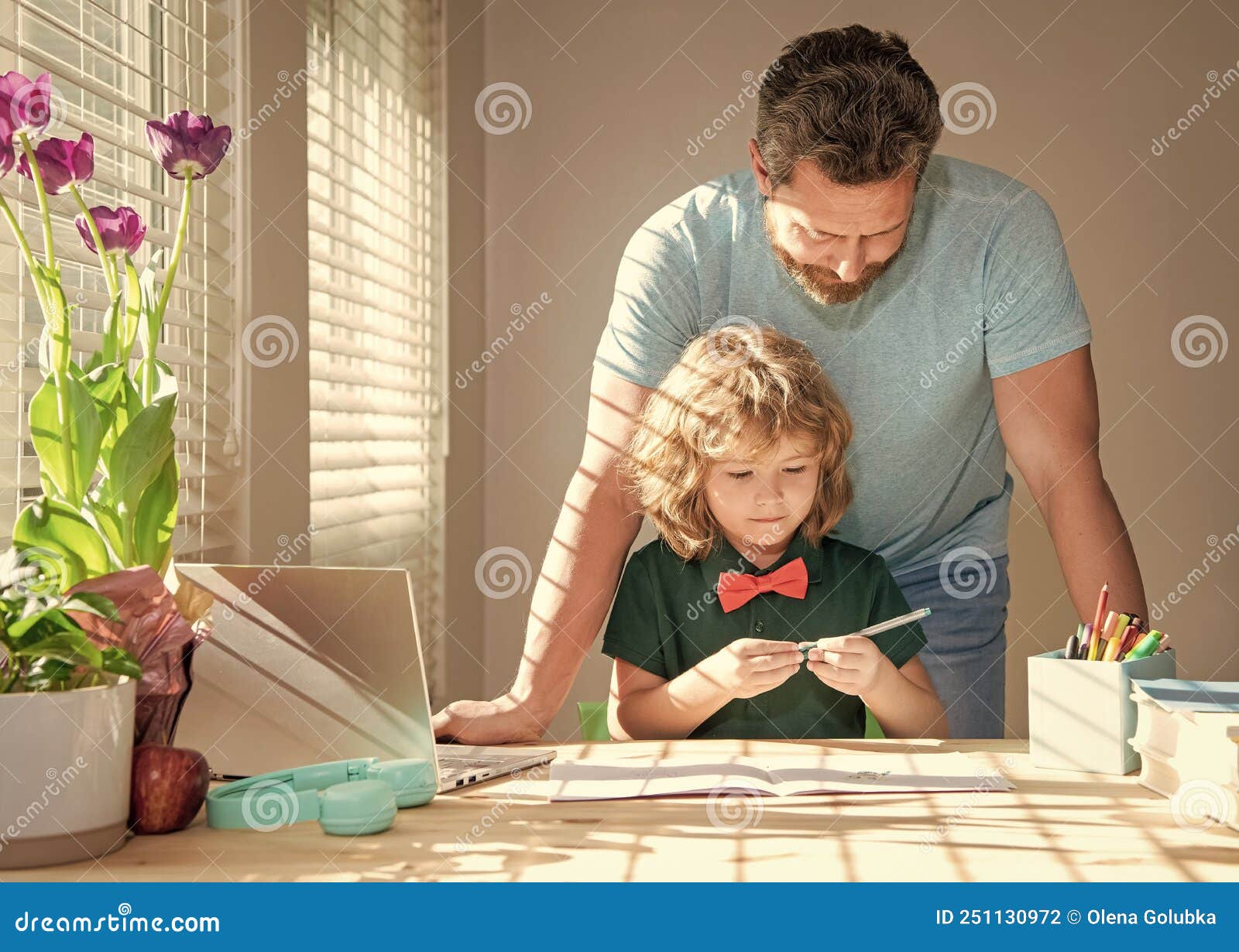 Bearded Daddy Writing School Homework with His Child Son in Classroom ...