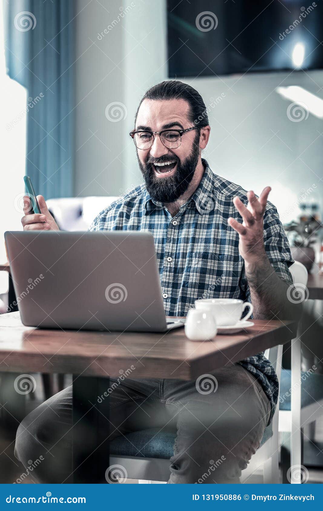 Bearded Dark-haired Journalist Feeling Happy after Seeing His Article ...