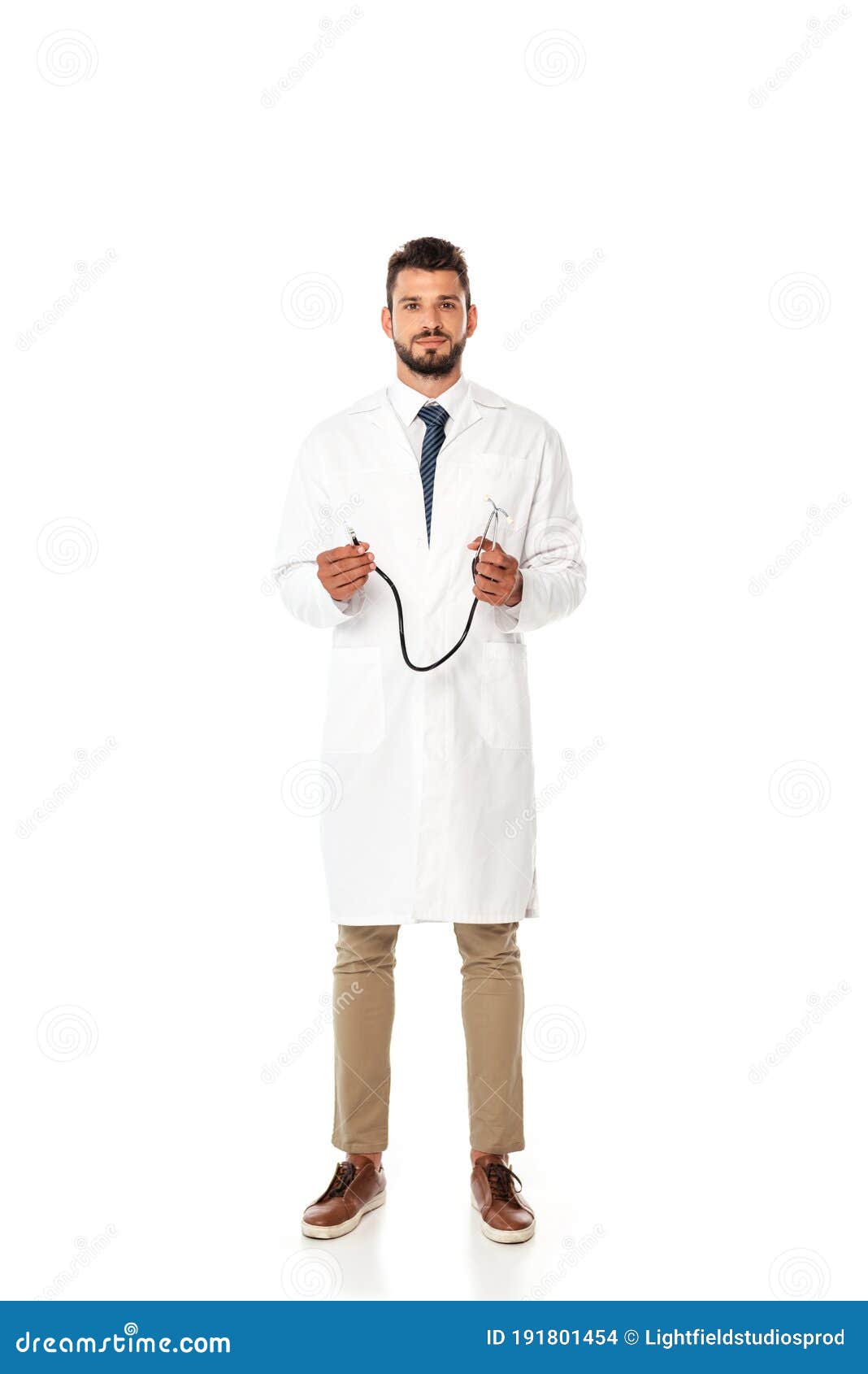Bearded Doctor in White Coat Holding Stethoscope Isolated on White ...