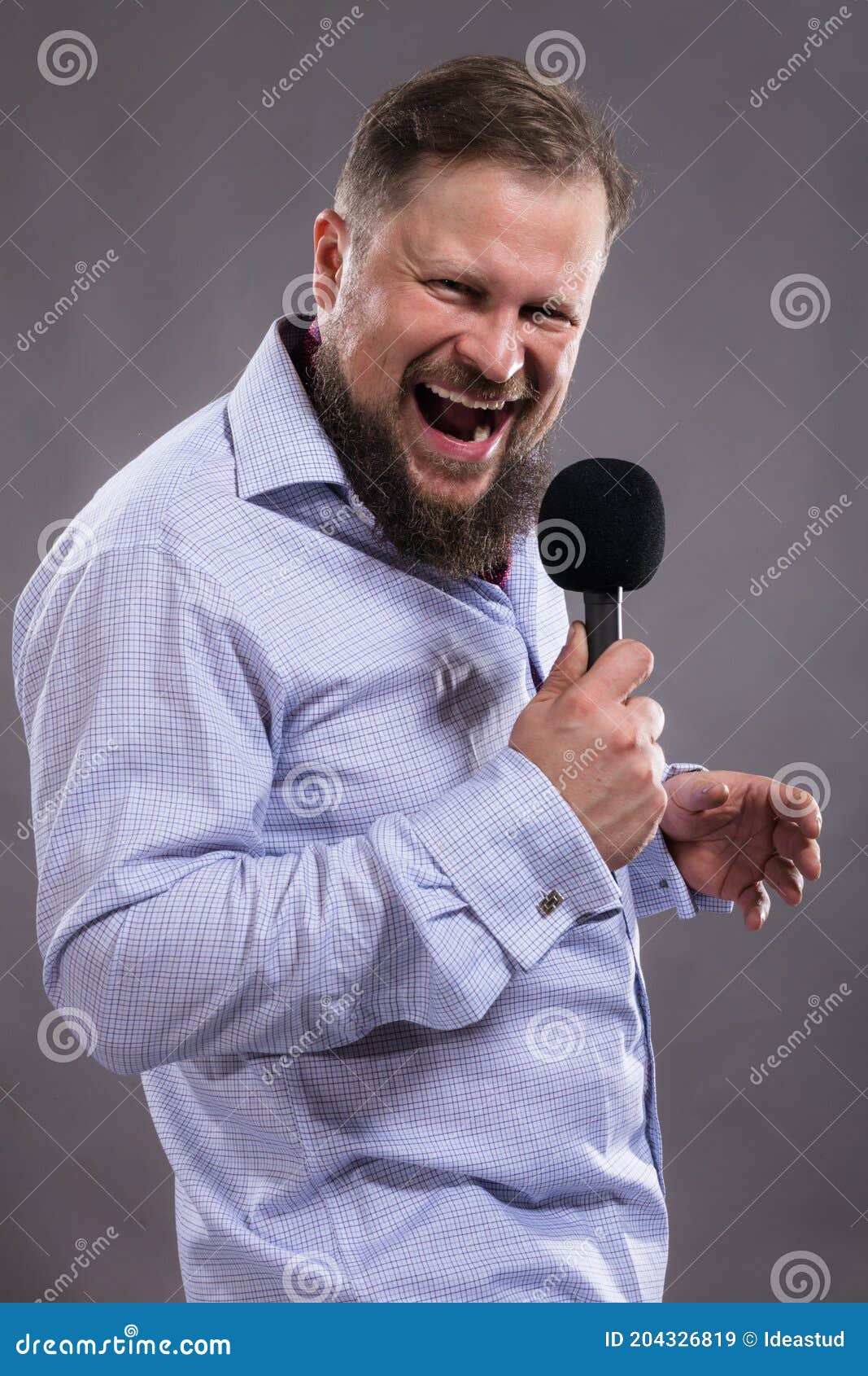 Bearded Emotional Singer with Microphone Dressed in Shirt Studio ...
