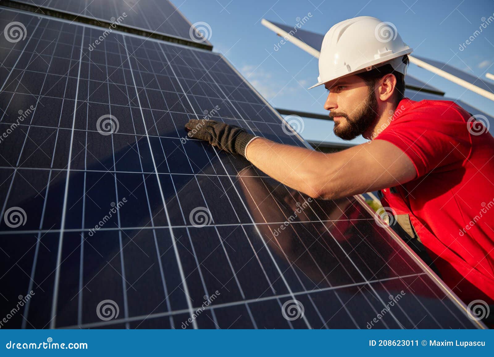 Bearded Engineer Touching Solar Panel Stock Image - Image of foreman ...