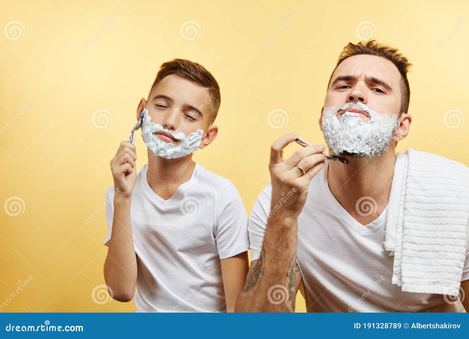 Father and Son Shaving on Yellow Background Stock Image - Image of ...