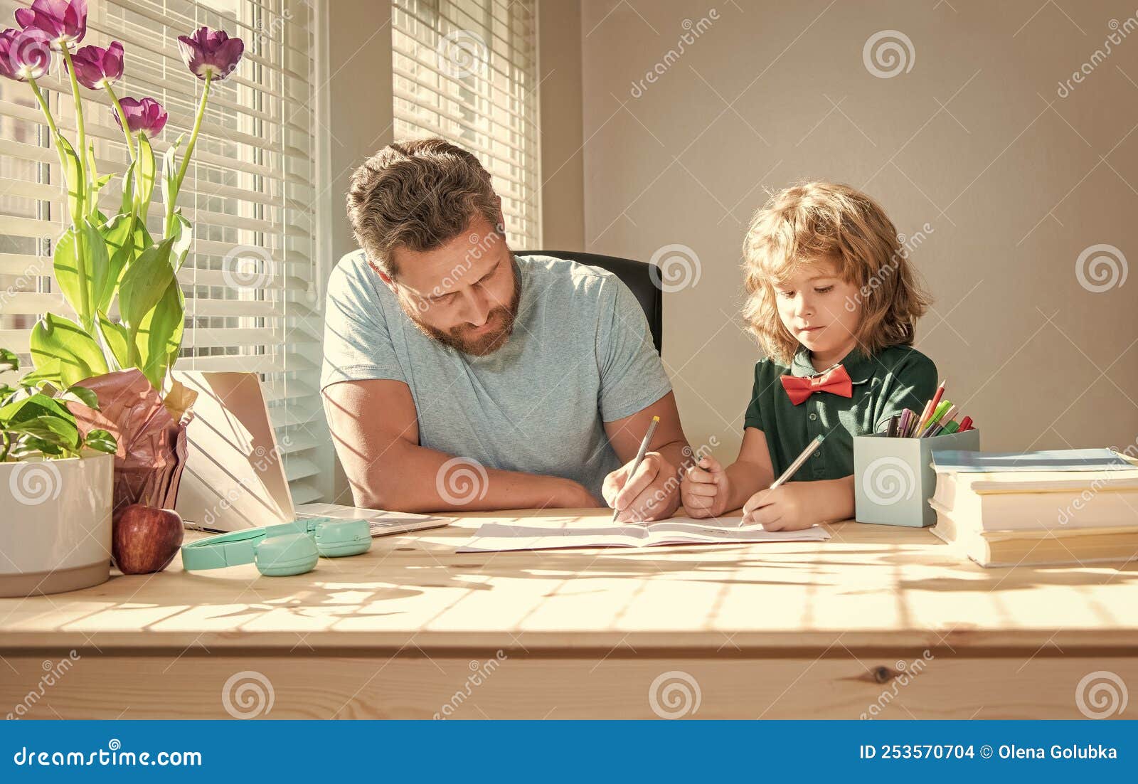 Bearded Father Writing School Homework with His Boy Son in Classroom ...
