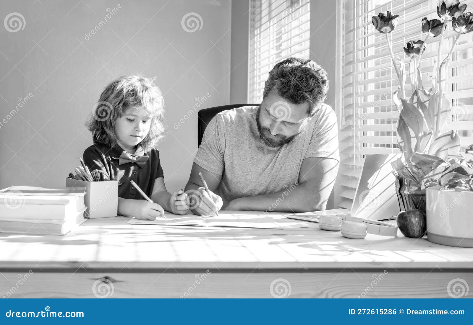 Bearded Father Writing School Homework with His Boy Son in Classroom ...