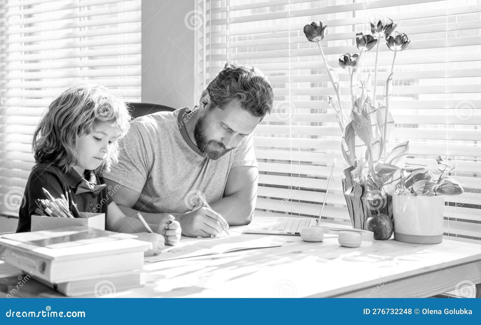 Bearded Father Writing School Homework with His Child Son in Classroom ...