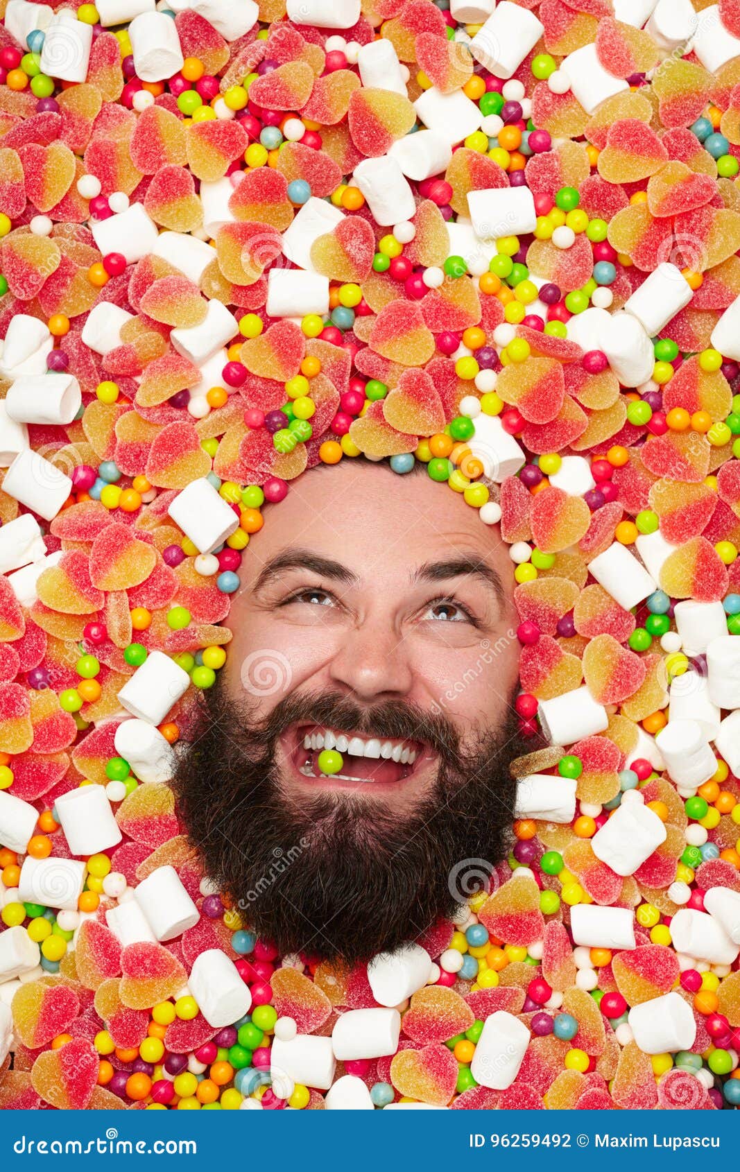 Bearded Guy Covered with Sweets Cracking Drop Stock Photo - Image of ...