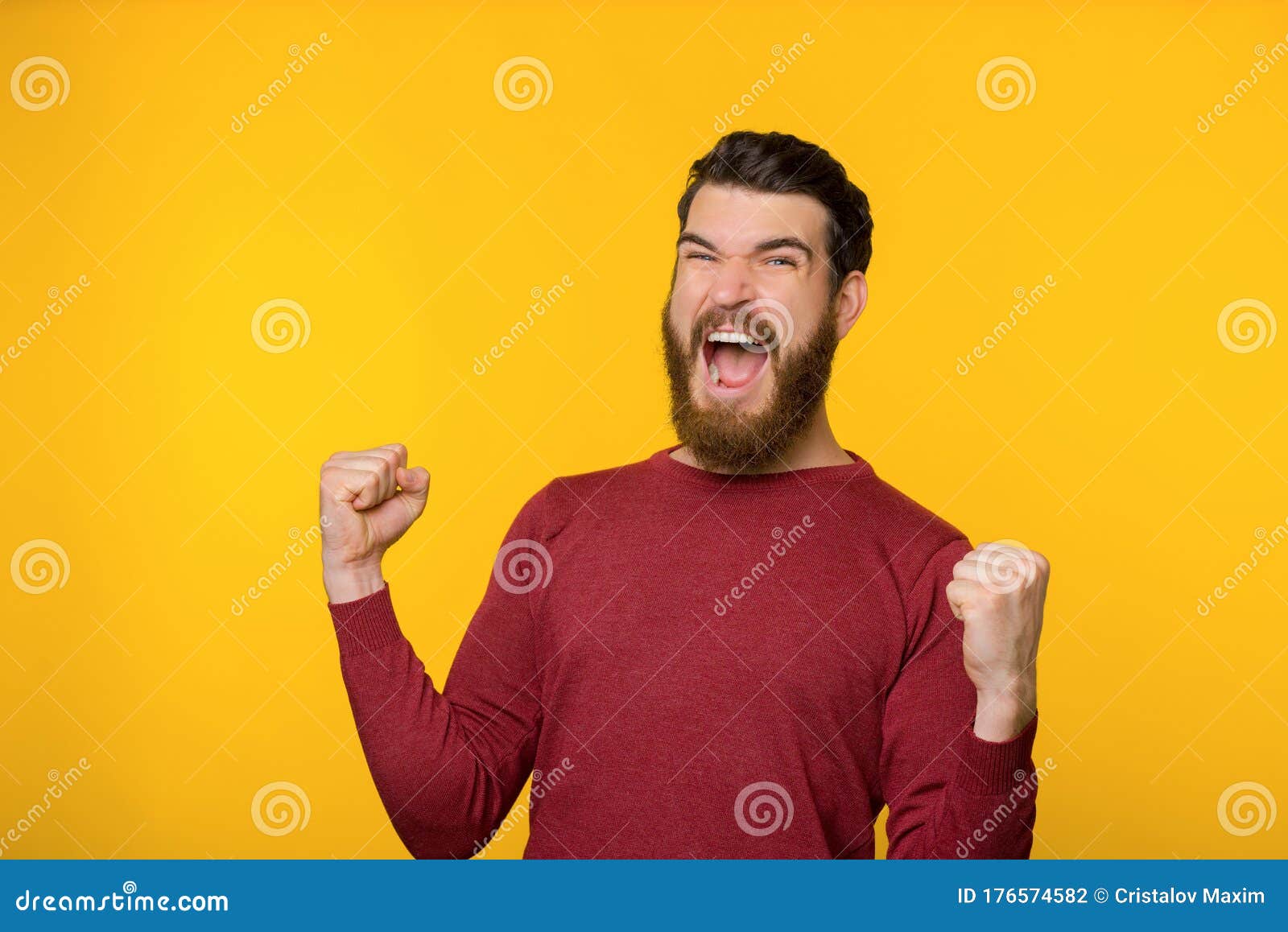 Bearded Guy Screaming and Celebrating His Triumph with Rised Han Stock ...
