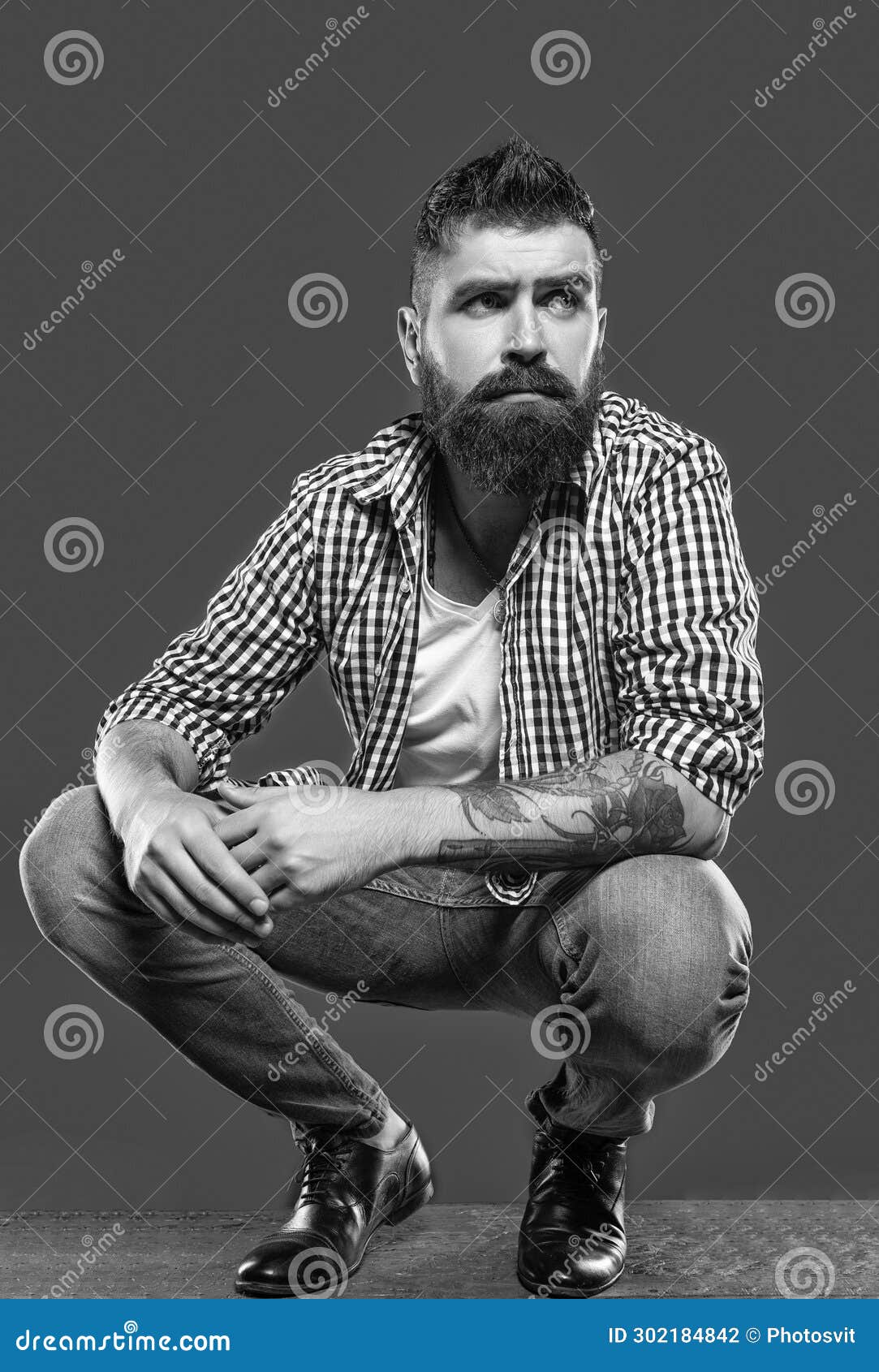 Bearded Guy Wear Checkered Shirt Crouched on Grey Background Stock ...