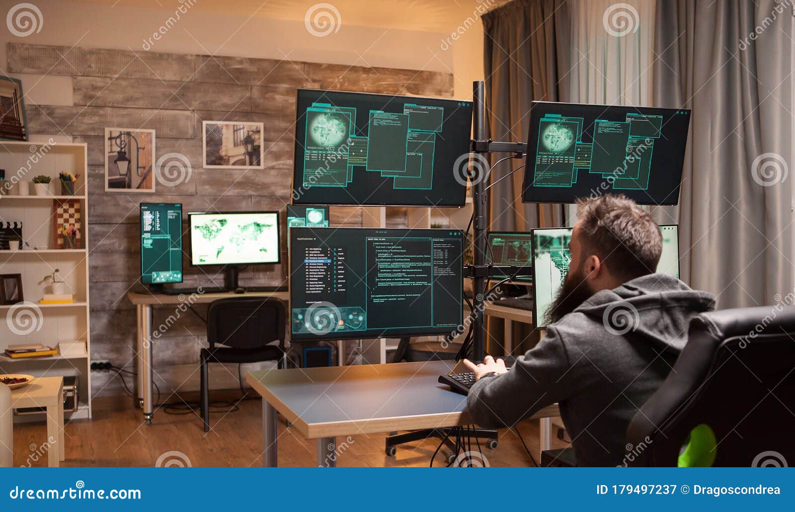 Bearded Hacker in a Room Full of Computers Stock Image - Image of ...