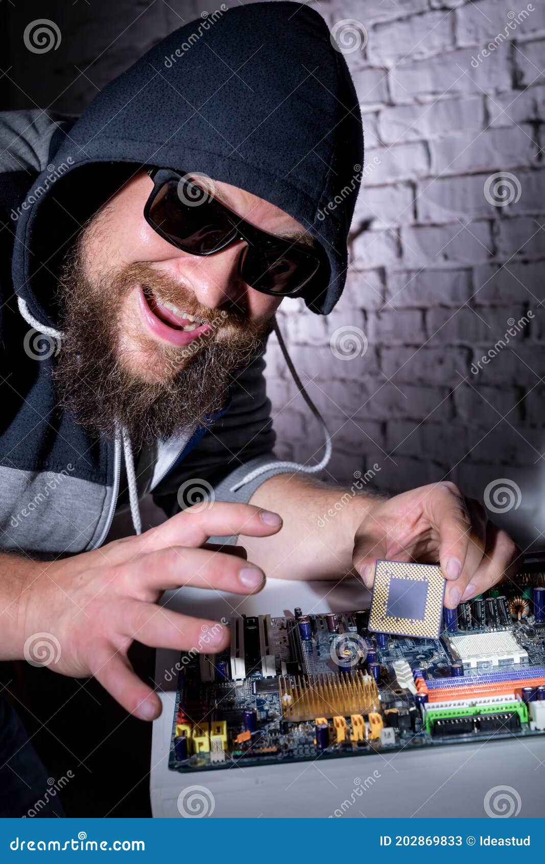 Bearded Hacker in Sunglasses and Hoodie Cracking the Hardware Stock ...