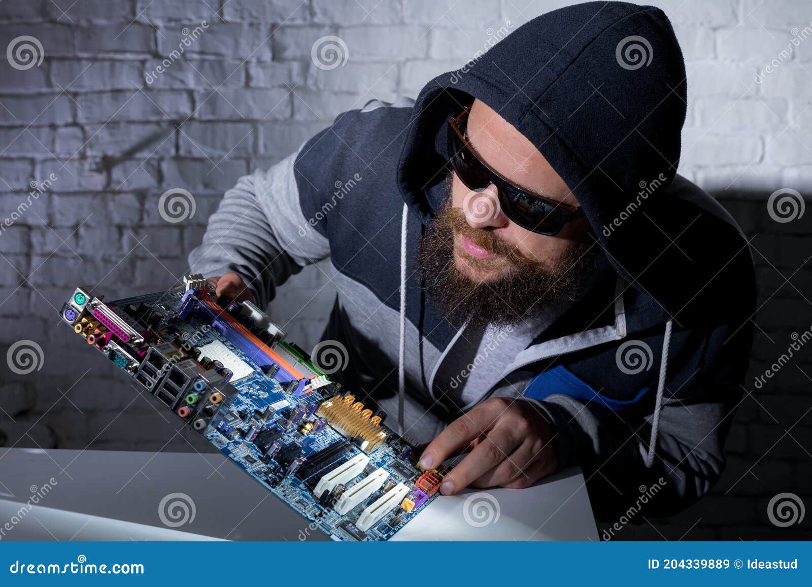 Bearded Hacker in Sunglasses and Hoodie Cracking the Hardware Stock ...