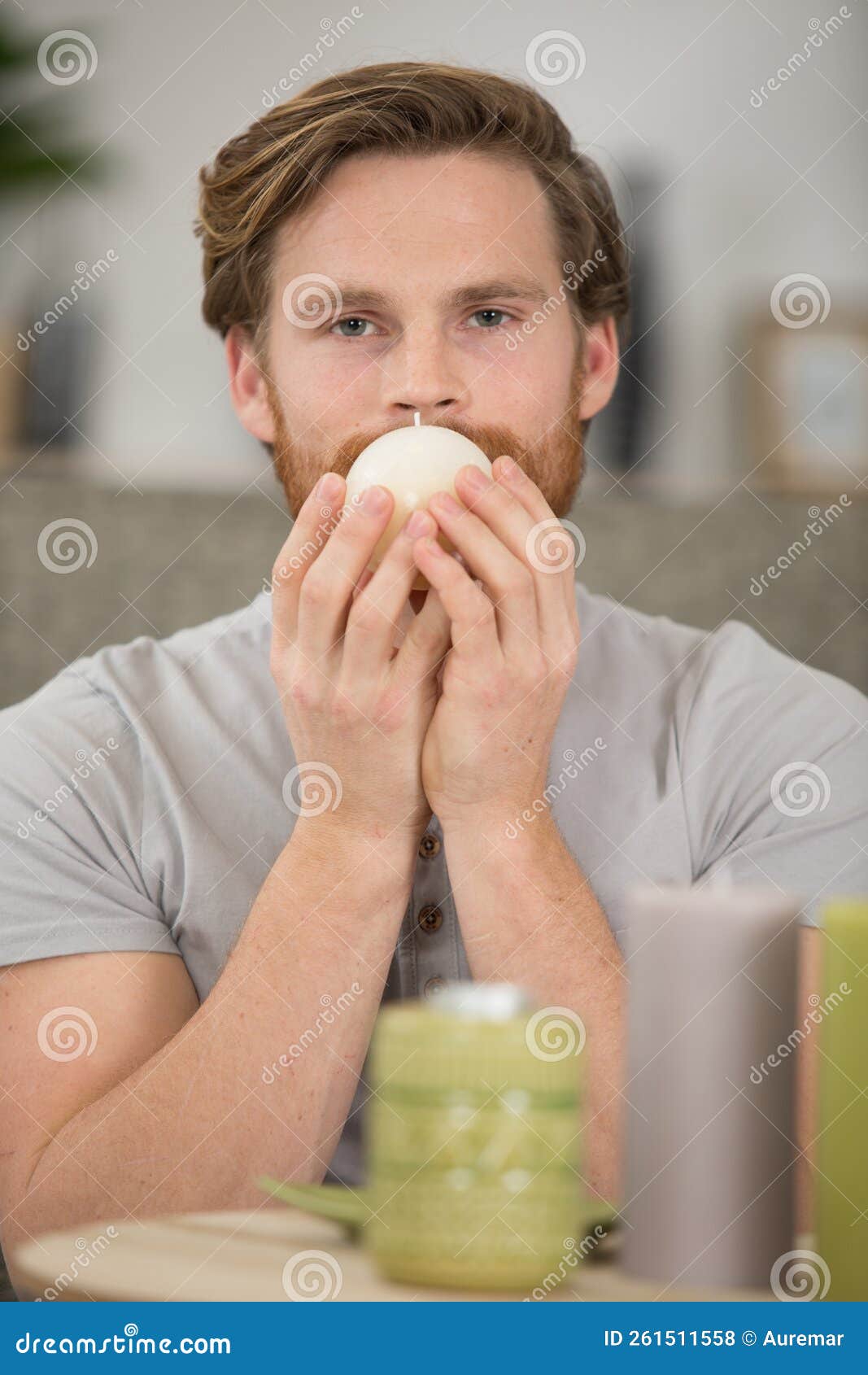Bearded Handsome Man Enjoying Smell Candle Stock Photo - Image of ...