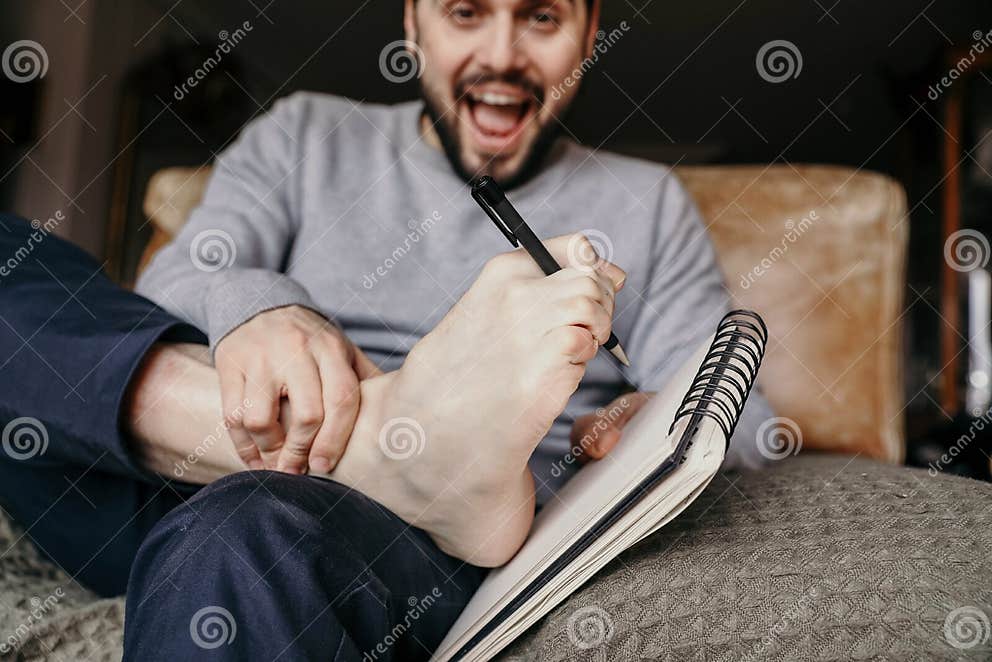 Bearded Hipster Trying Wright a Note and Making Fun. Stock Image ...