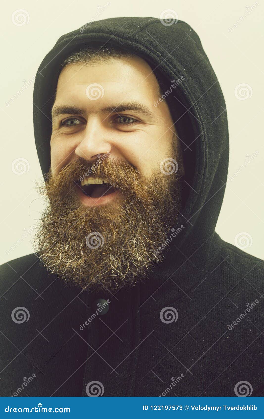 Bearded Happy Brutal Caucasian Man in Black Jacket and Hood Stock Image ... Bearded Happy Brutal Caucasian Man in Black Jacket and Hood Stock Image ...