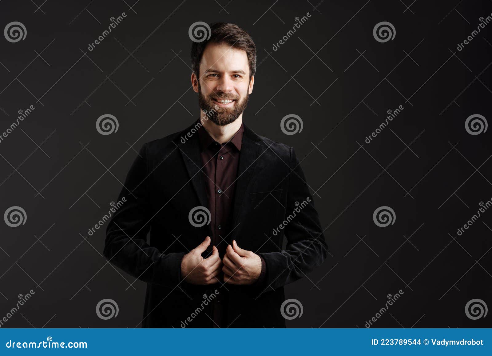 Bearded Happy Man in Black Jacket Smiling and Looking at Camera Stock ...