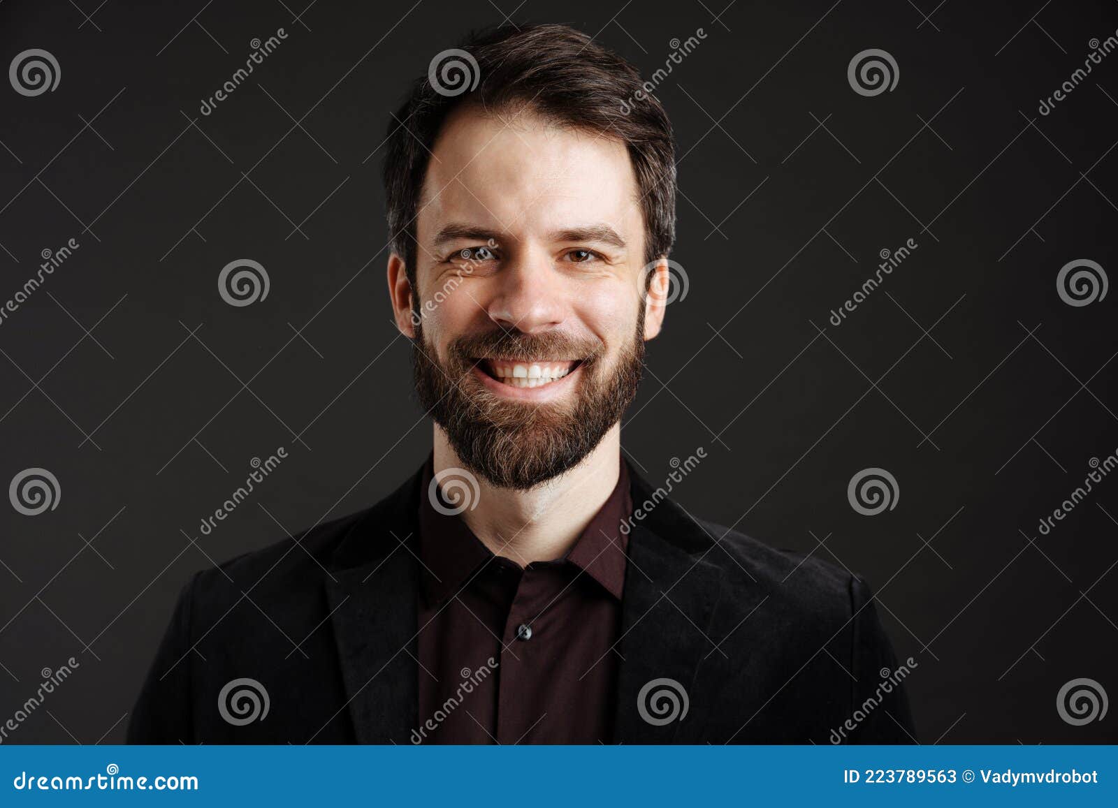 Bearded Happy Man in Black Jacket Smiling and Looking at Camera Stock ...