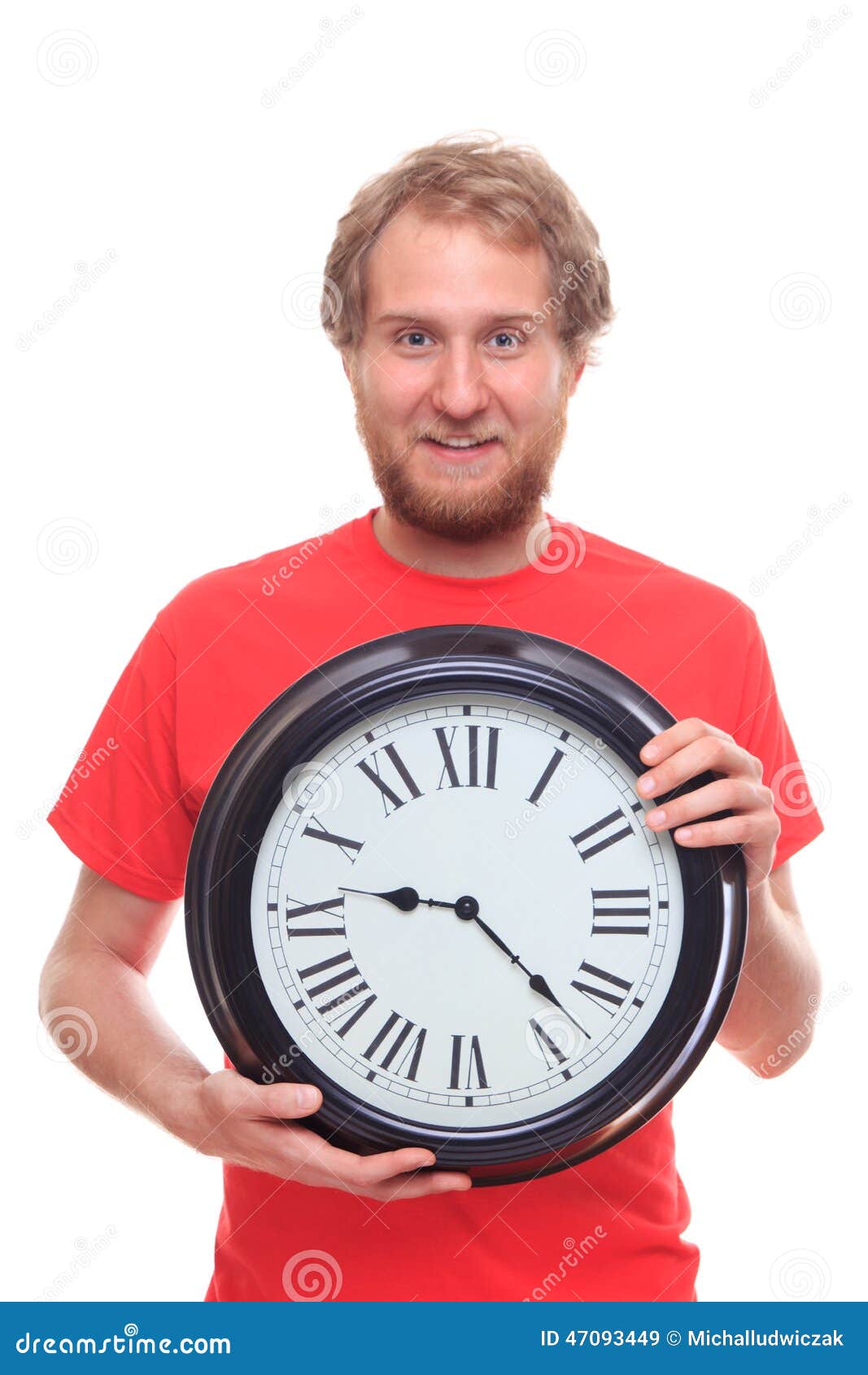 Bearded Happy Man Holding Big Clock and Smiling Stock Image - Image of ...