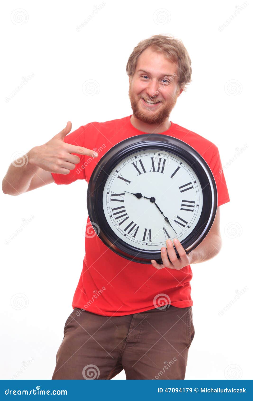 Bearded Happy Man Holding Big Clock and Smiling Stock Image - Image of ...