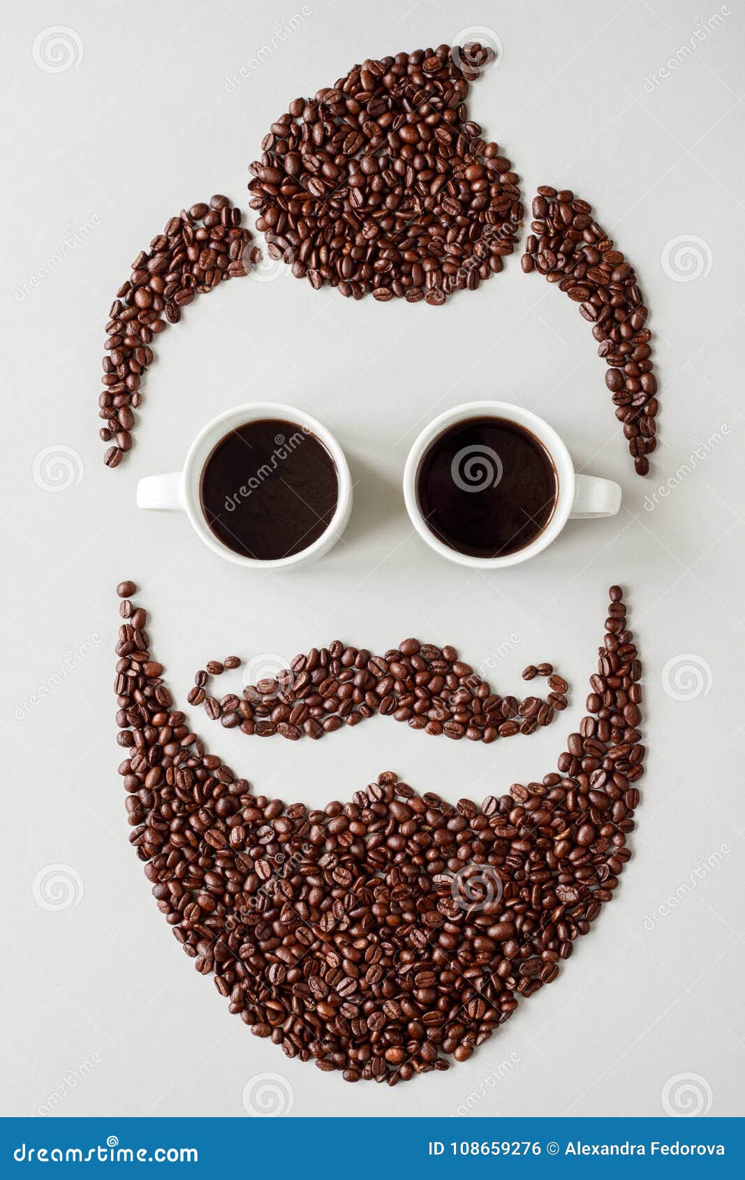 Bearded Hipster Man Made of Coffee Beans with Glasses Made of Cups of ... Bearded Hipster Man Made of Coffee Beans with Glasses Made of Cups of ...