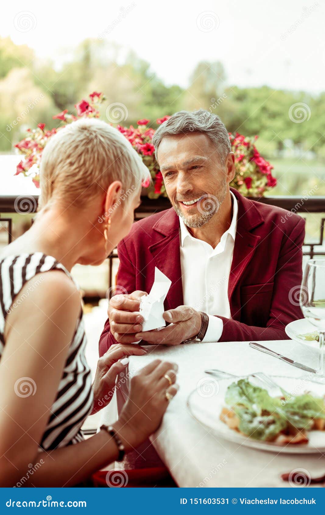 Bearded Husband Presenting Ring after Romantic Dinner Stock Image ...