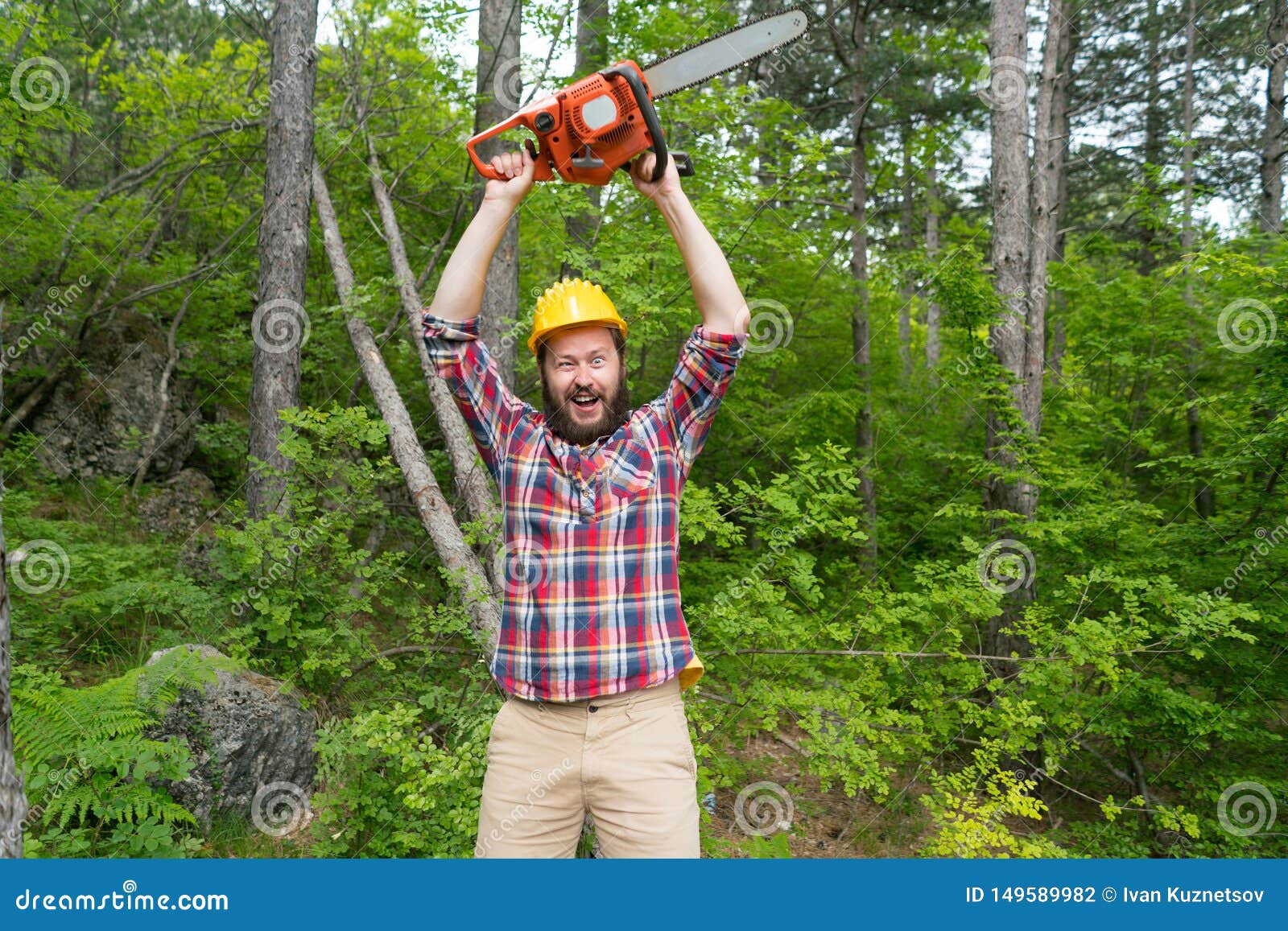 Bearded Lumberjack with a Chainsaw Makes Faces Stock Photo - Image of ...
