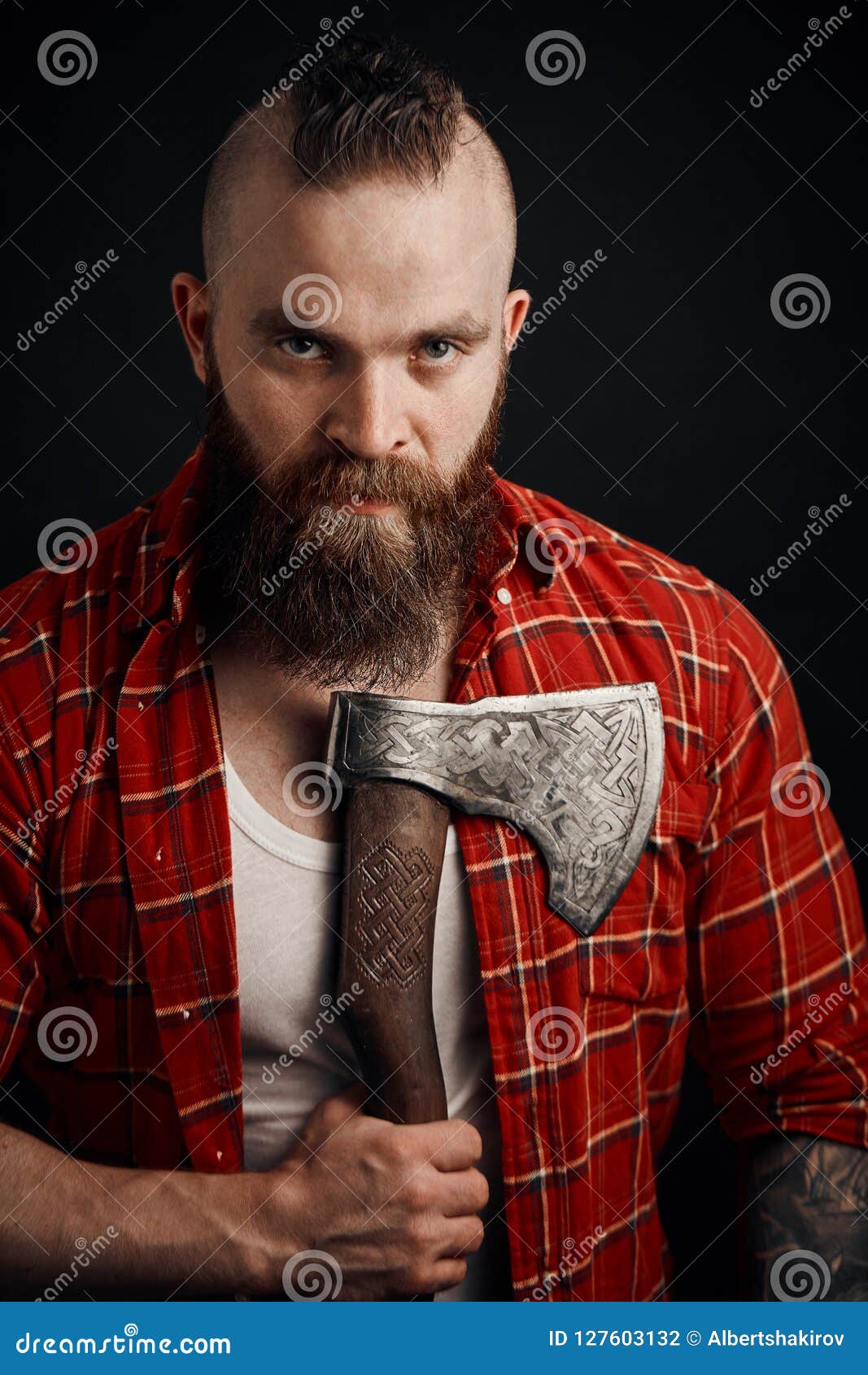 Bearded Male Holding Axe on Chest and Posing in Studio Stock Photo ...