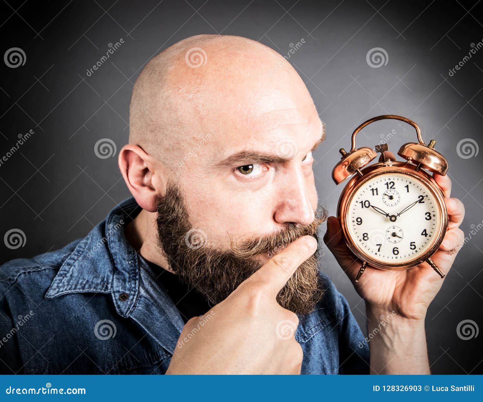 Bearded Man with Alarm Clock Stock Image - Image of rush, clock: 128326903