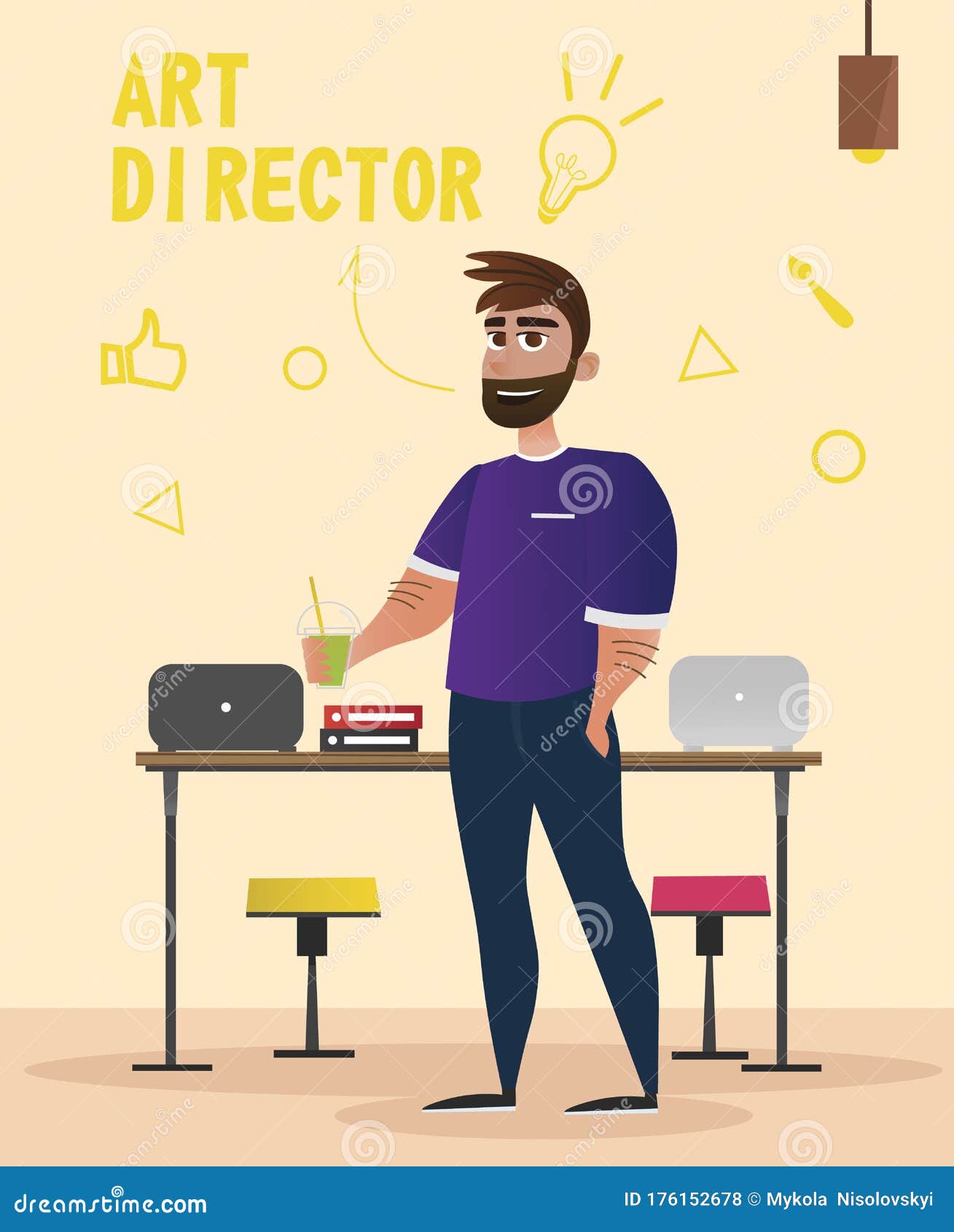 Bearded Man Art Director on Office Desk Background Stock Vector ...